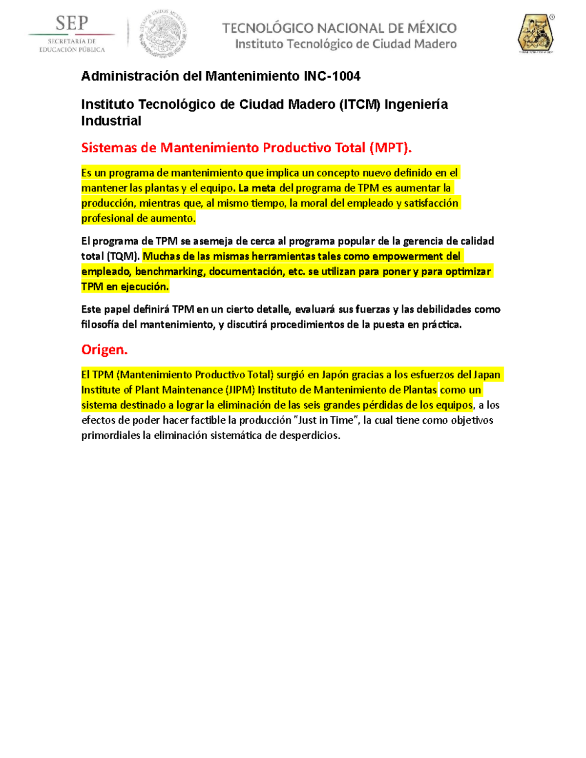 Sistemas de Mantenimiento Productivo Total (MPT) - Administración del ...