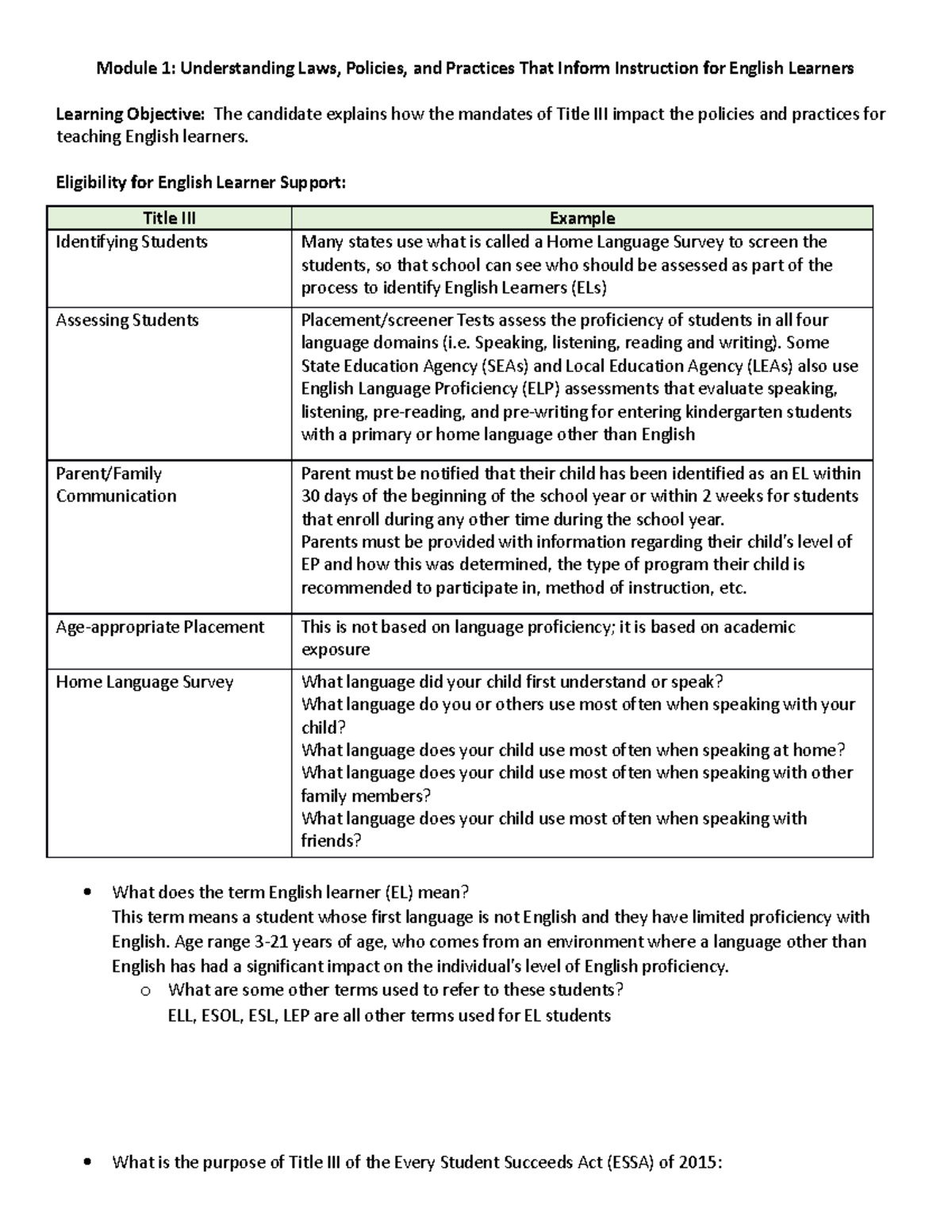 D096 Module 1 Study Guide - Module 1: Understanding Laws, Policies, and Practices That Inform ...
