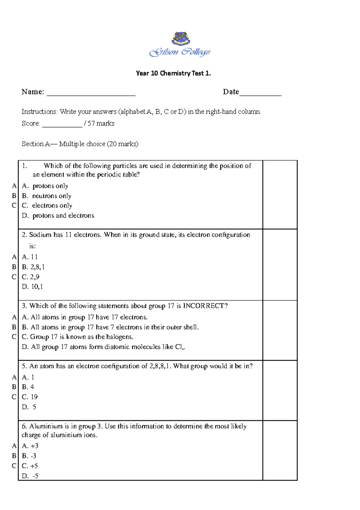 Chemistry Units 1&2-Rev Test Year 10 - CHEM10003 - Unimelb - Studocu