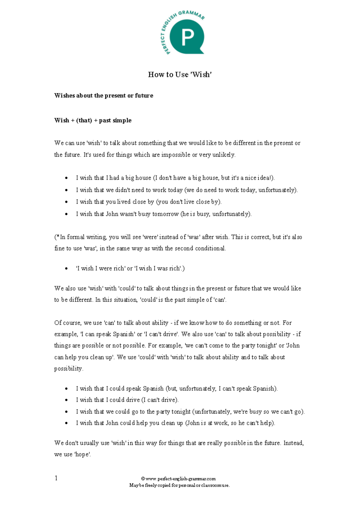 Wish-explanation - wish - 1 © perfect-english-grammar May be freely ...