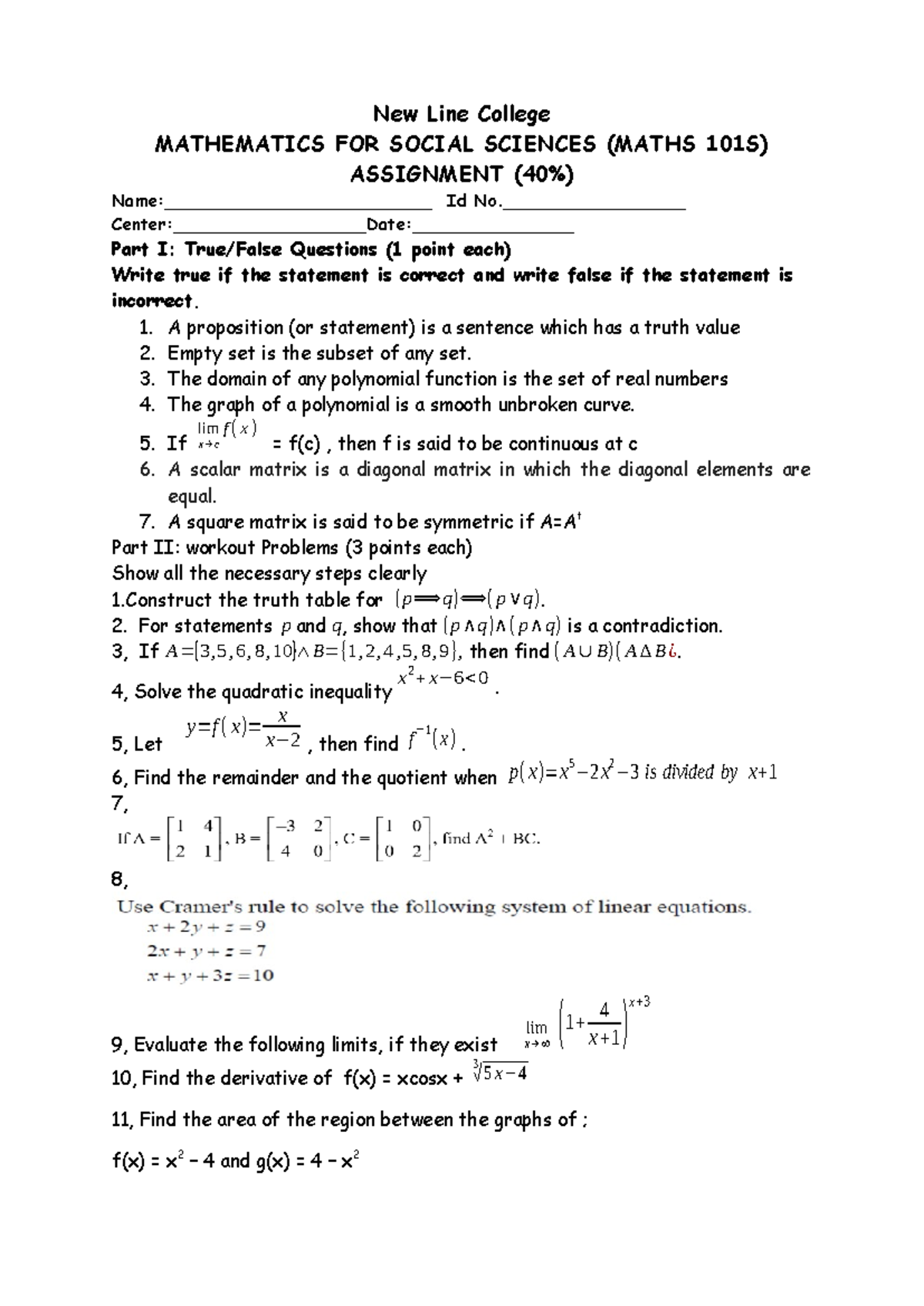 Mathematics for Social Sciences Assignment - New Line College ...