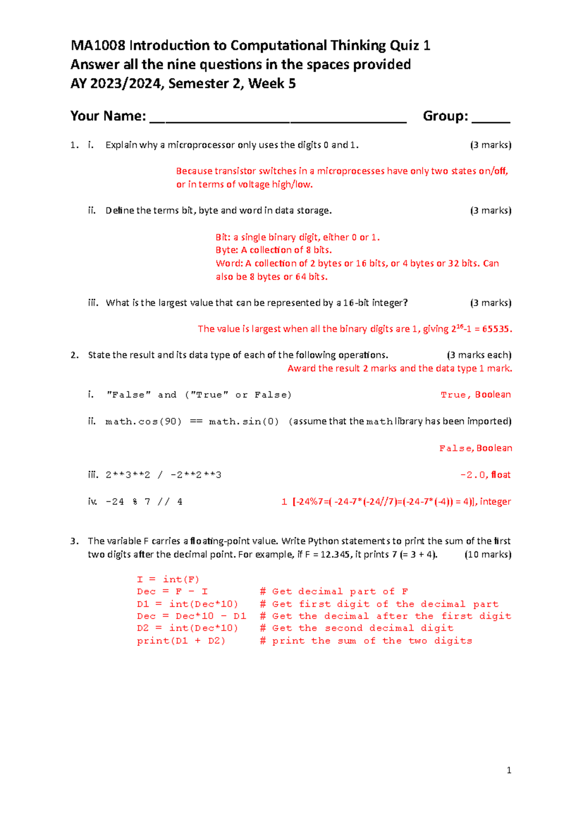 CA1 Solution AY23/24 - 1 MA1008 Introduction to Computational Thinking Quiz 1 Answer all the ...