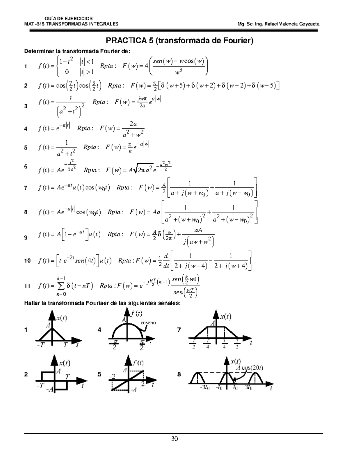 Practica 3 transformada fourier 2015 - MAT -315 TRANSFORMADAS INTEGRALES Mg. Sc. Ing. Rafael ...