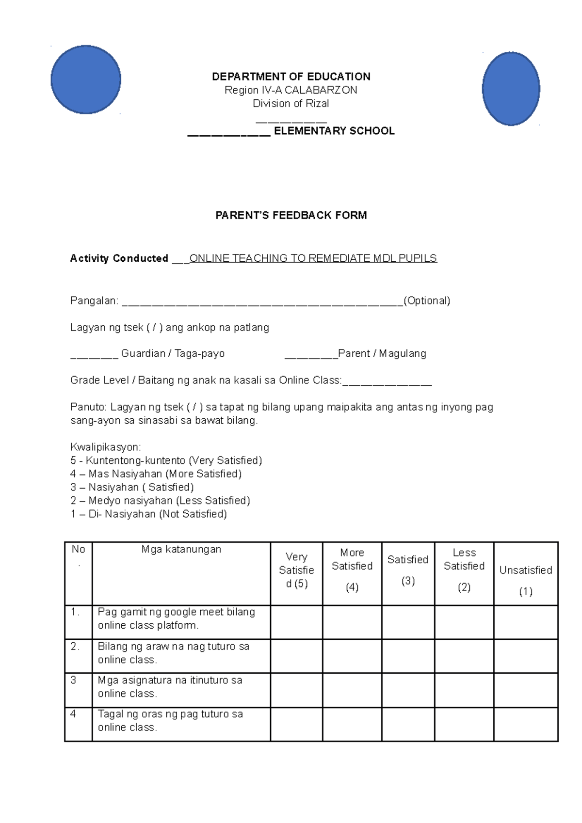 Parents-feedback-form - DEPARTMENT OF EDUCATION Region IV-A CALABARZON ...