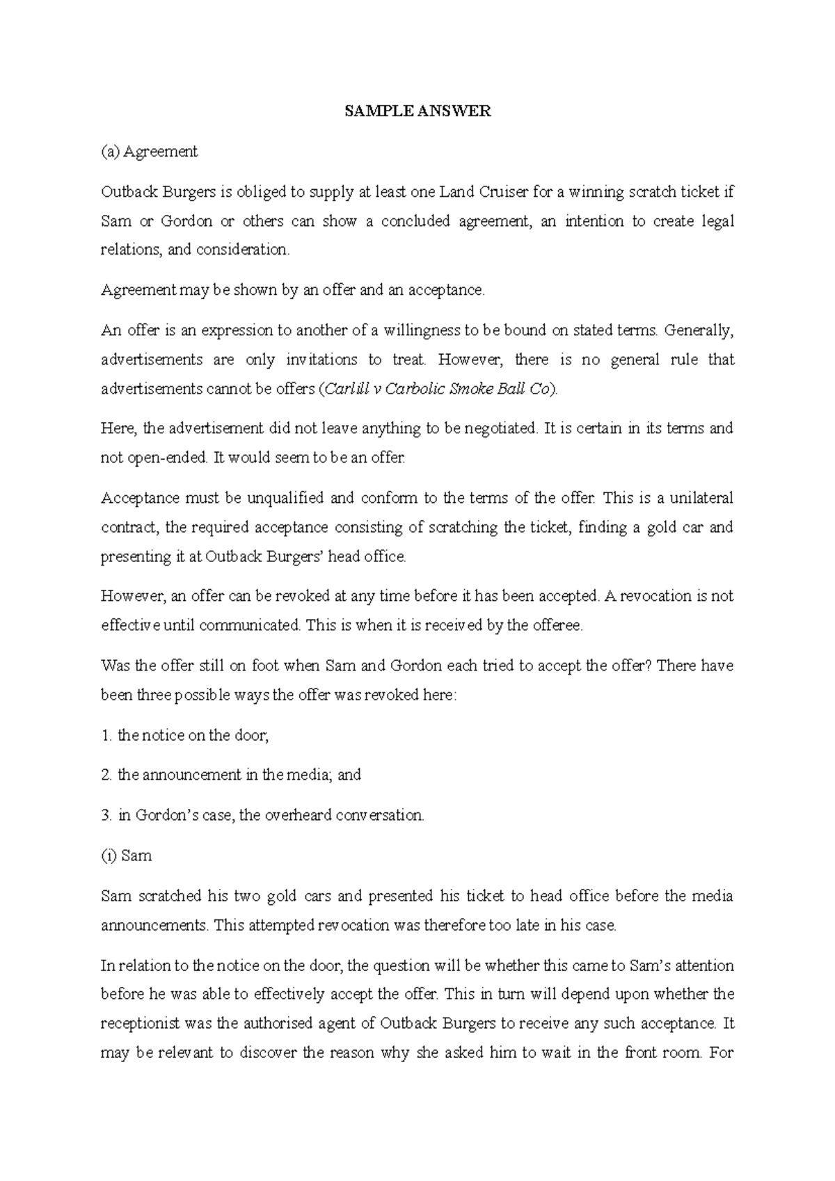 Contract Law Sample Answer - SAMPLE ANSWER (a) Agreement Outback ...