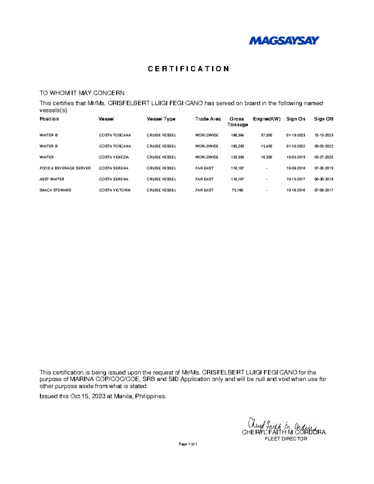 1615459 Sea Servicefor Marina 20231015 - Position Vessel Vessel Type ...