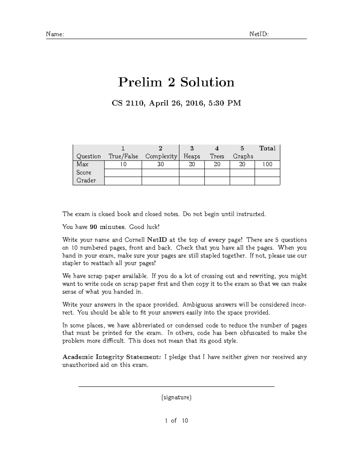 P2solcs 2110sp16 530 - Past Prelim 2 from CS 2110 taught by Professor David Gries and Professor ...
