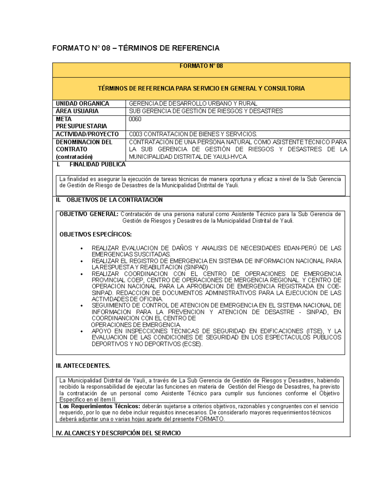 TDR Auxiliar Administrativo - FORMATO N° 08 – TÉRMINOS DE REFERENCIA ...