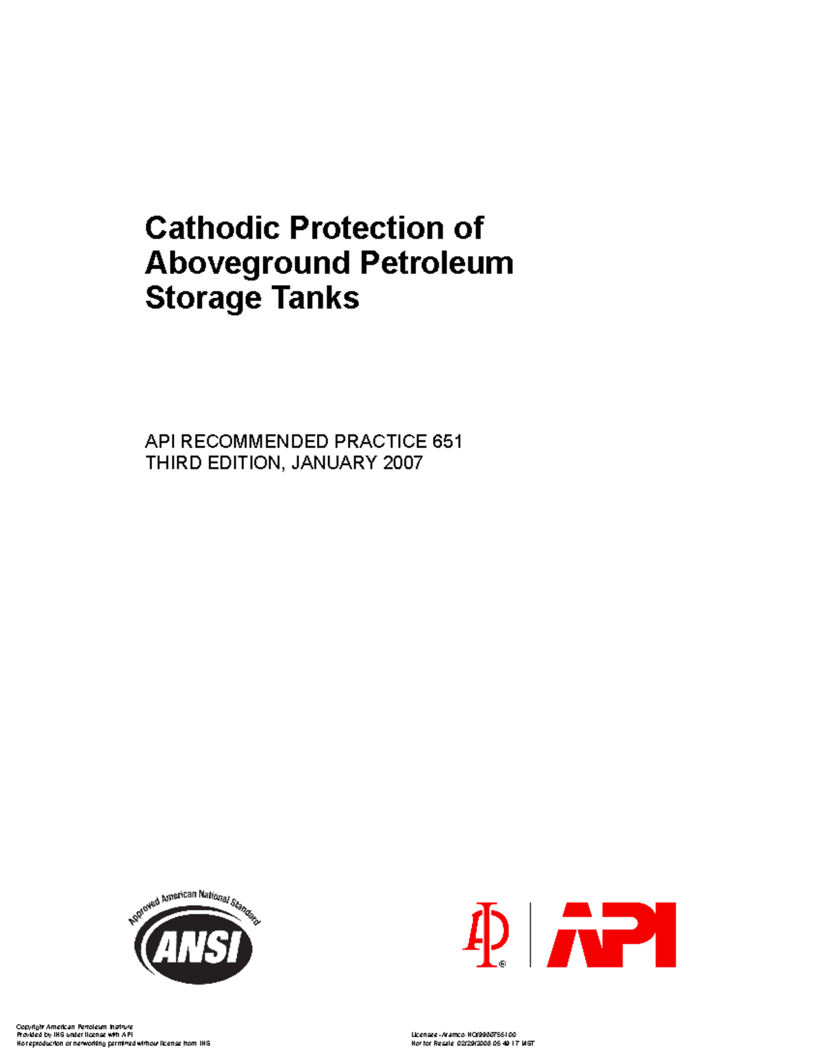 API 651 - Ningúna - Cathodic Protection of Aboveground Petroleum ...