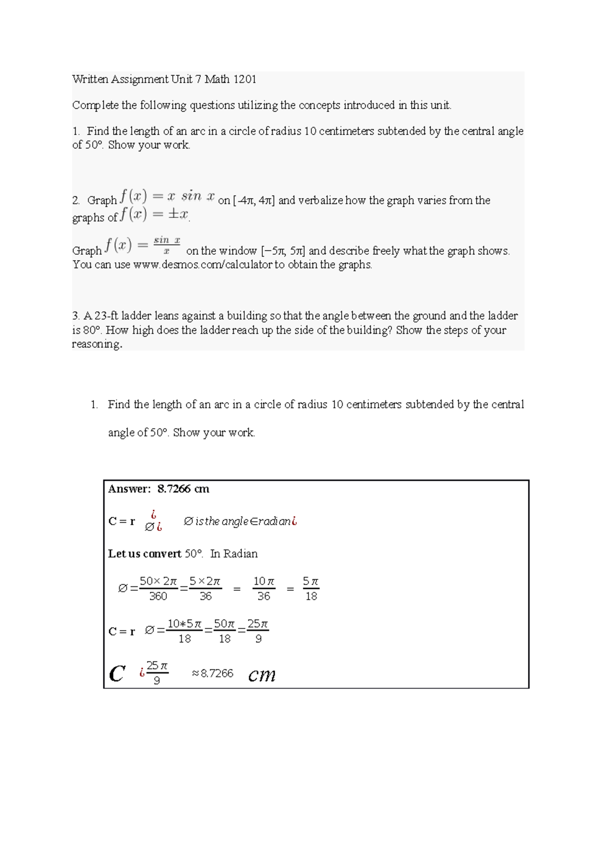 Week7 writteng assignment ce - Written Assignment Unit 7 Math 1201 ...
