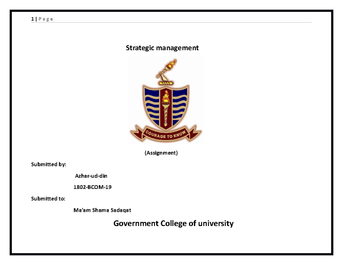 1802-BCOM-19%20strategic%20management - 1 | P a g e Strategic management (Assignment) Submitted ...