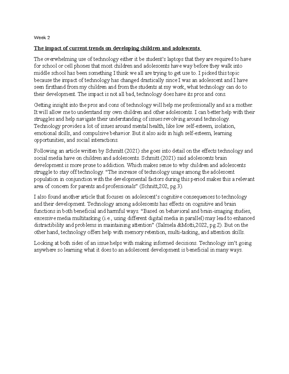 Discussion 2 Final project milestone 1 research topic - Week 2 The impact of current trends on ...