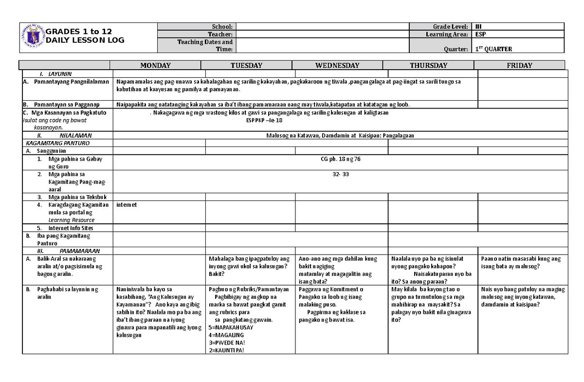 DLL ESP 3 Q1 W5 - material - GRADES 1 to 12 DAILY LESSON LOG School ...