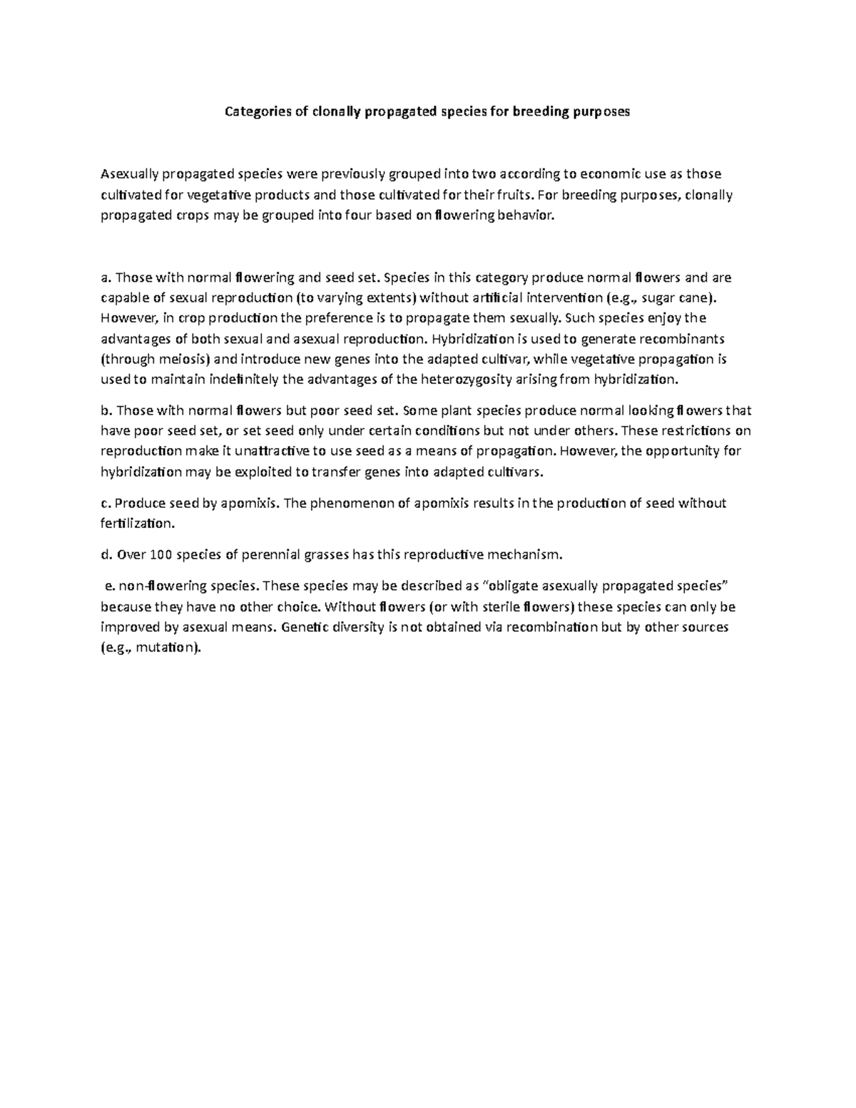 Categories of clonally propagated species for breeding purposes - For ...