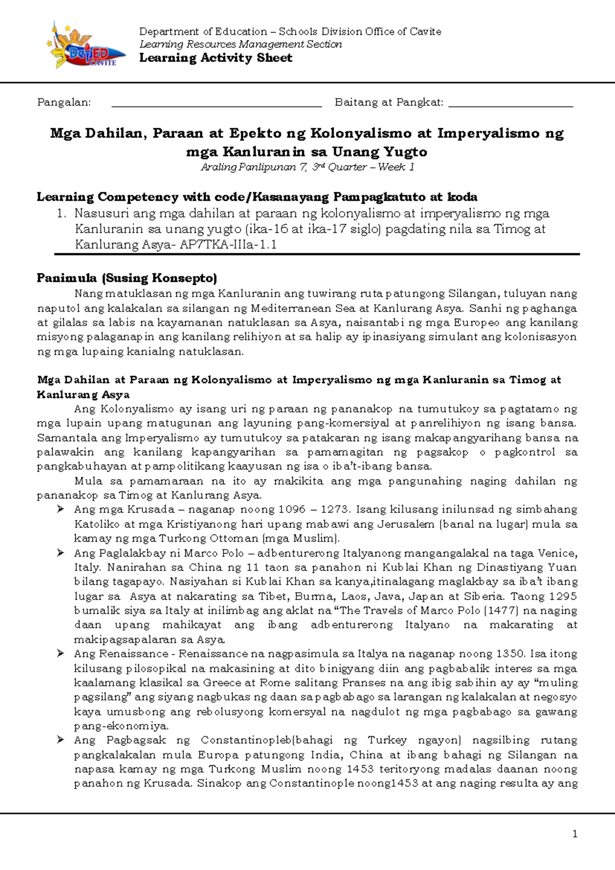 ARALING PANLIPUNAN LEARNING ACTIVITY SHEET GRADE 7 - Learning Resources ...