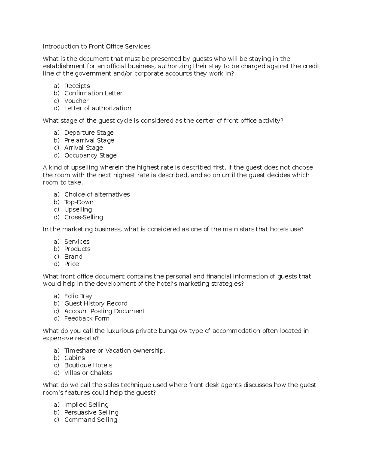 Hospitality Management Exam Part 4 - Introduction to Front Office ...