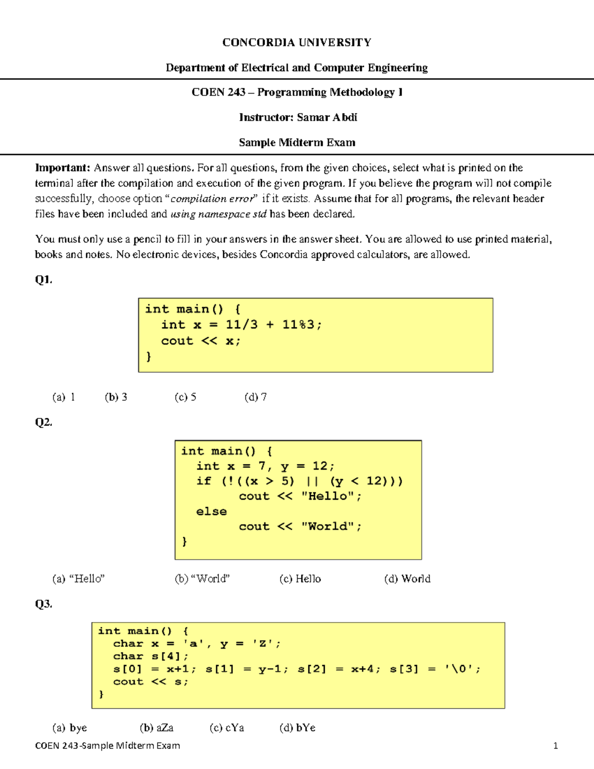Midterm 1Sample - MID term sample coen 243 - CONCORDIA UNIVERSITY Department of Electrical and ...