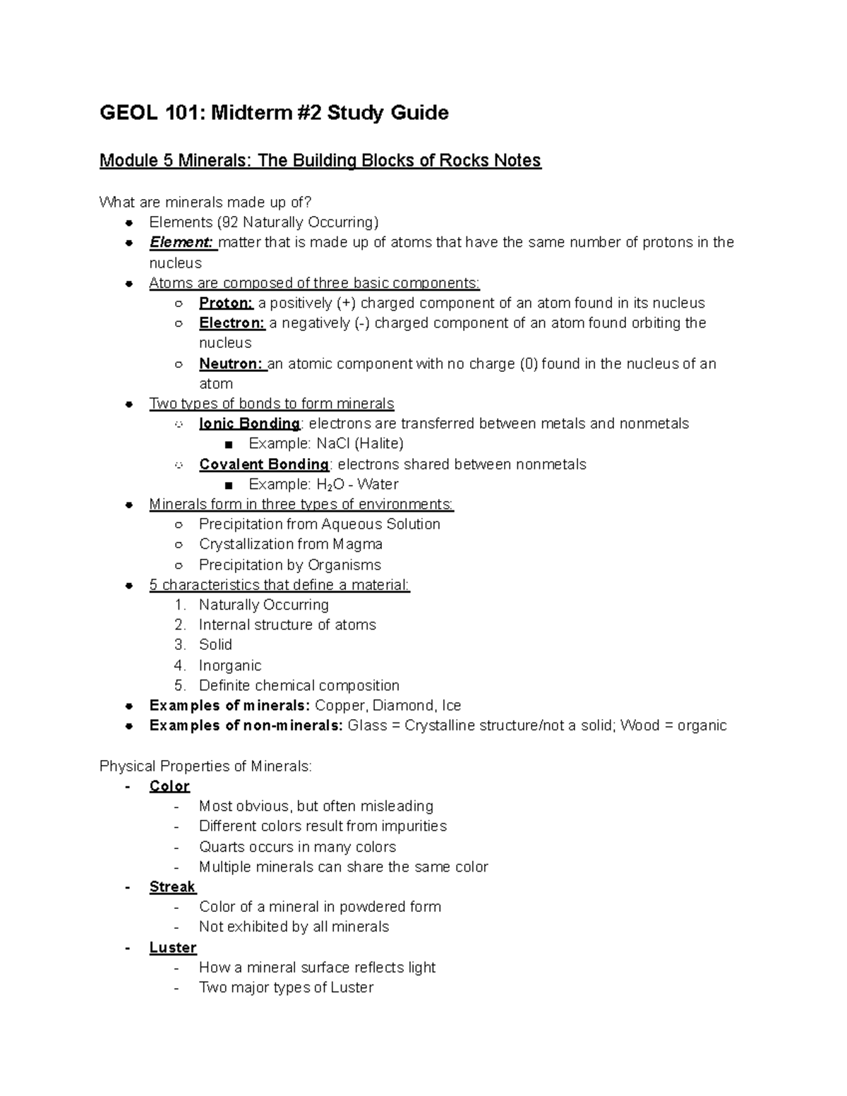 GEOL 101 Midterm #2 Study Guide - GEOL 101: Midterm #2 Study Guide ...