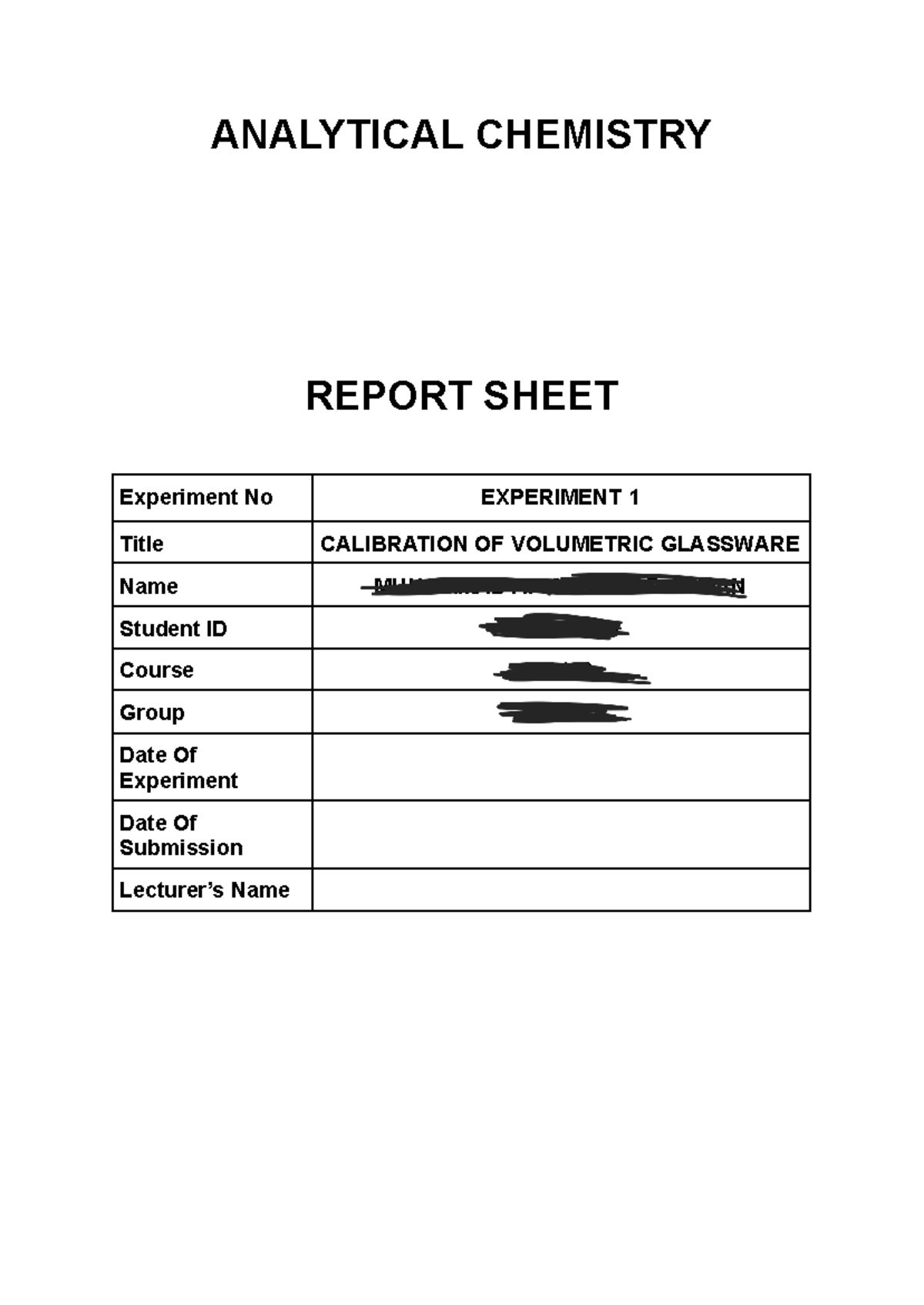 Lab report no 1 - ANALYTICAL CHEMISTRY REPORT SHEET Experiment No ...