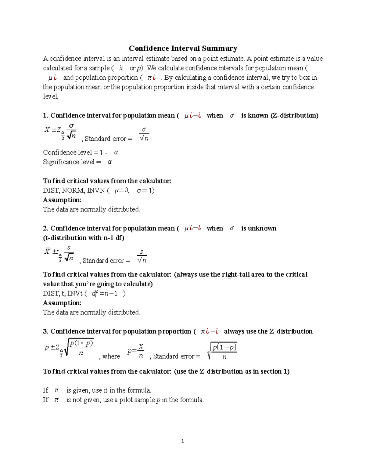 Week 6 Summary - Lecture notes 6 - Confidence Interval Summary A ...