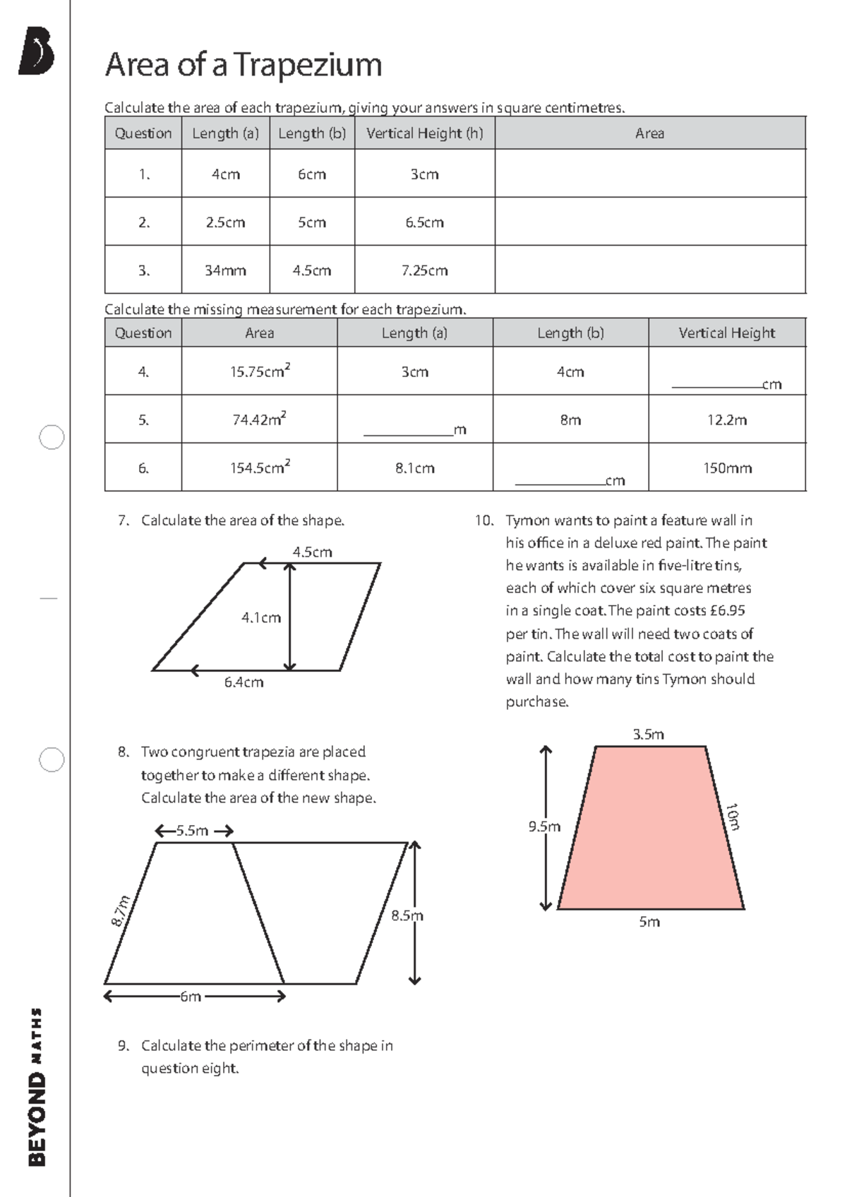 Area of a Trapezium - No Answer Spaces - Area of a Trapezium Calculate ...