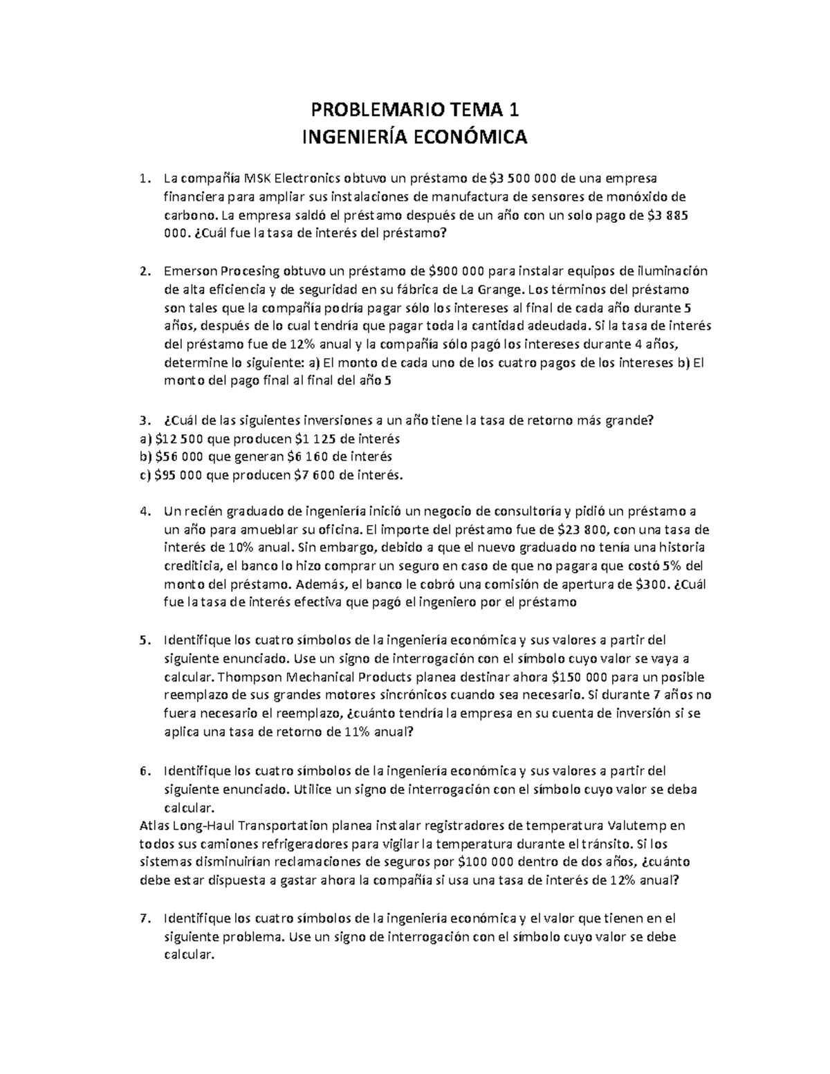 Problemario TEMA 1 - problemas de ingenieria economica - PROBLEMARIO TEMA 1 INGENIERÍA ECONÓMICA ...