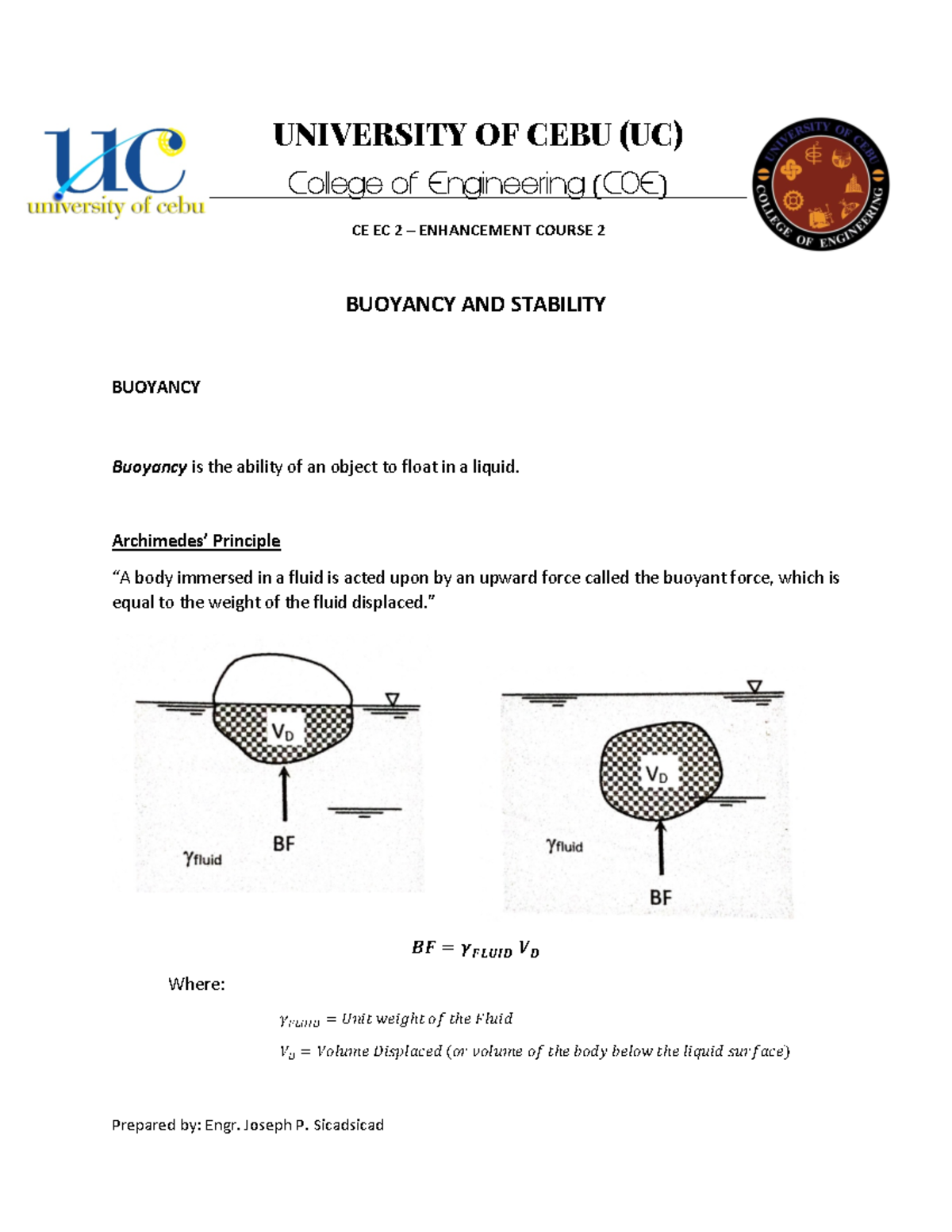 04 Buoyancy AND Stability - UNIVERSITY OF CEBU (UC) College of ...