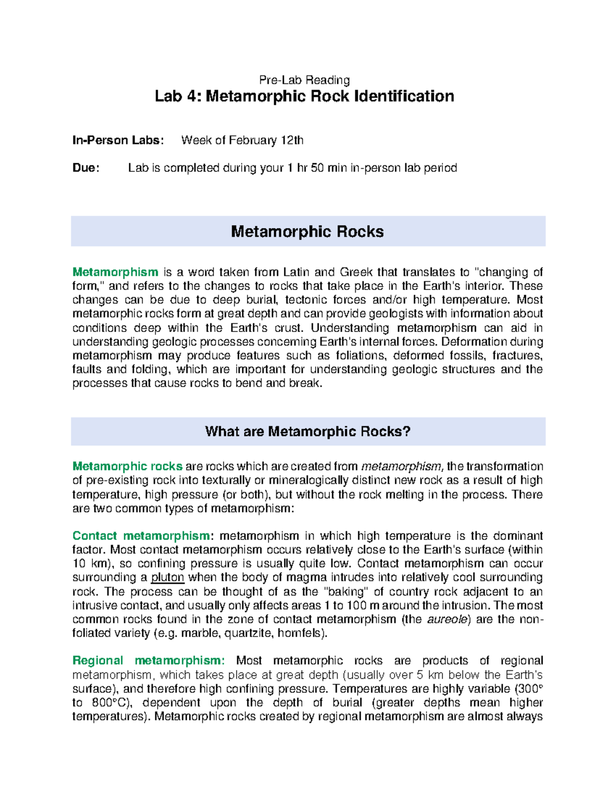Lab 4 pre lab reading - Pre-Lab Reading Lab 4 : Metamorphic Rock ...