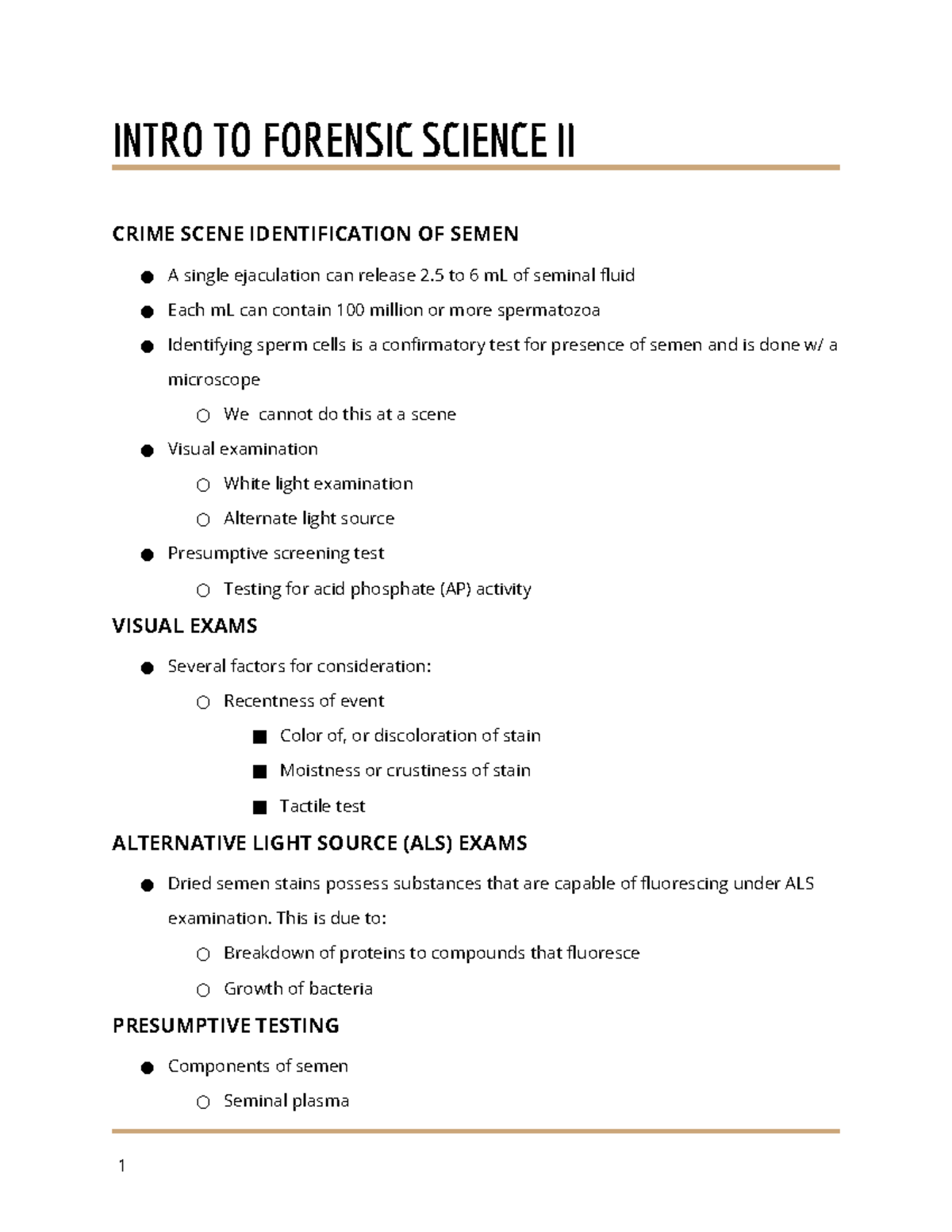 Semen Testing slides - INTRO TO FORENSIC SCIENCE II CRIME SCENE ...