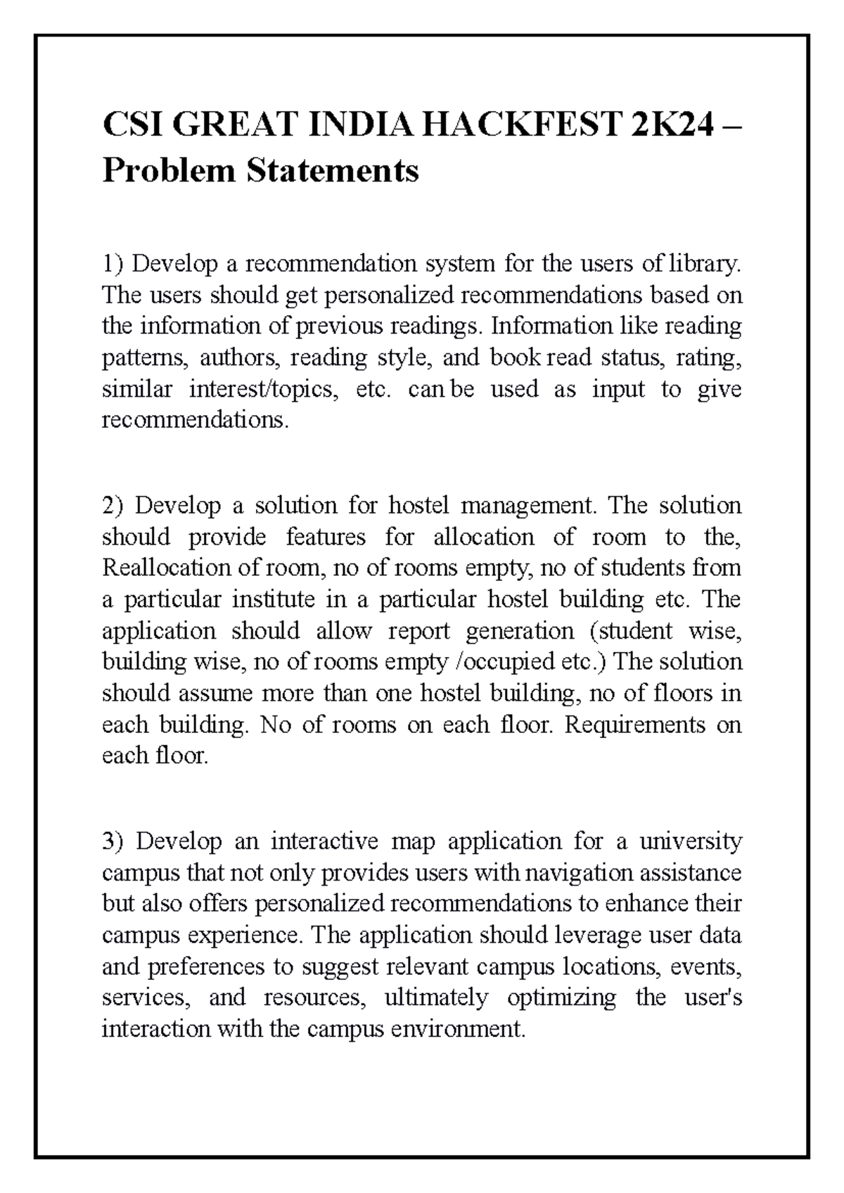 Hackathon problem statements - CSI GREAT INDIA HACKFEST 2K24 – Problem ...