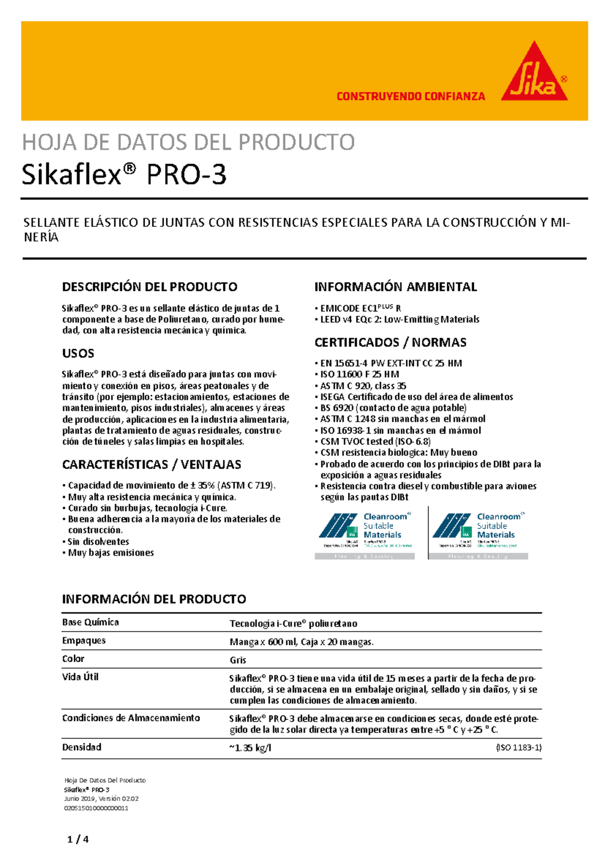 Sikaflex pro-3 - FICHA TÉCNICA - HOJA DE DATOS DEL PRODUCTO Sikaflex® PRO- SELLANTE ELÁSTICO DE ...