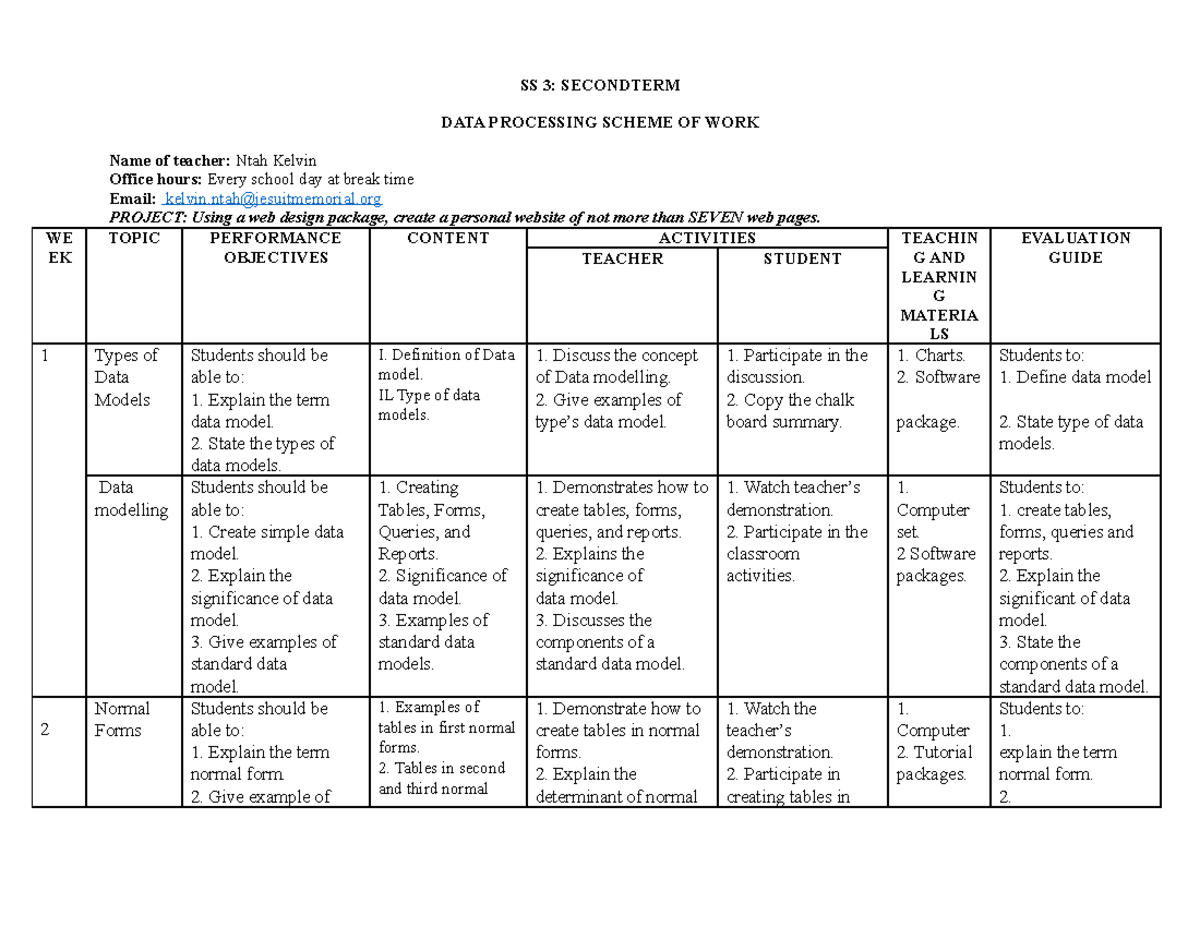 SS 3 Scheme reading and gr - SS 3: SECONDTERM DATA PROCESSING SCHEME OF ...