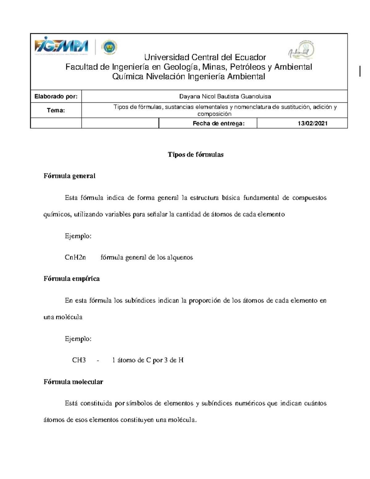 Q Uimica Tipos de Fomulas - Tipos de fórmulas Fórmula general Esta ...