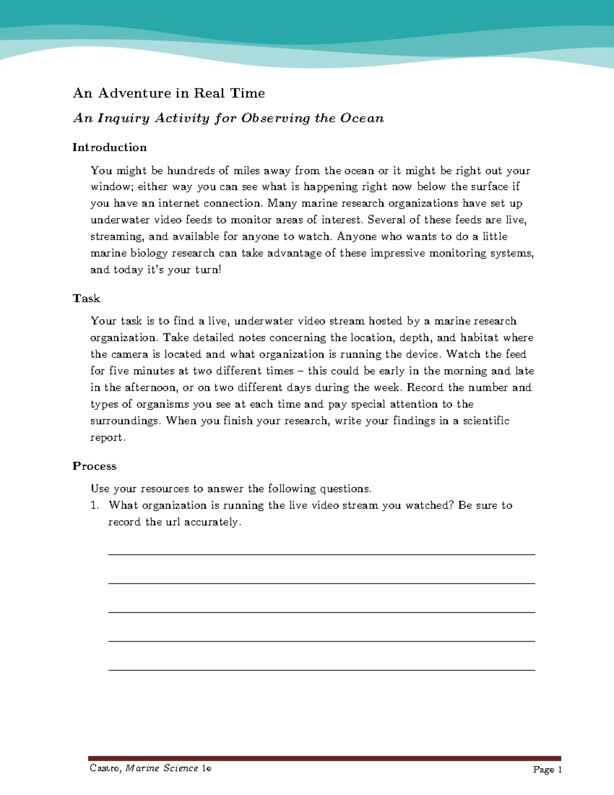 84 - work sheet - An Adventure in Real Time An Inquiry Activity for ...