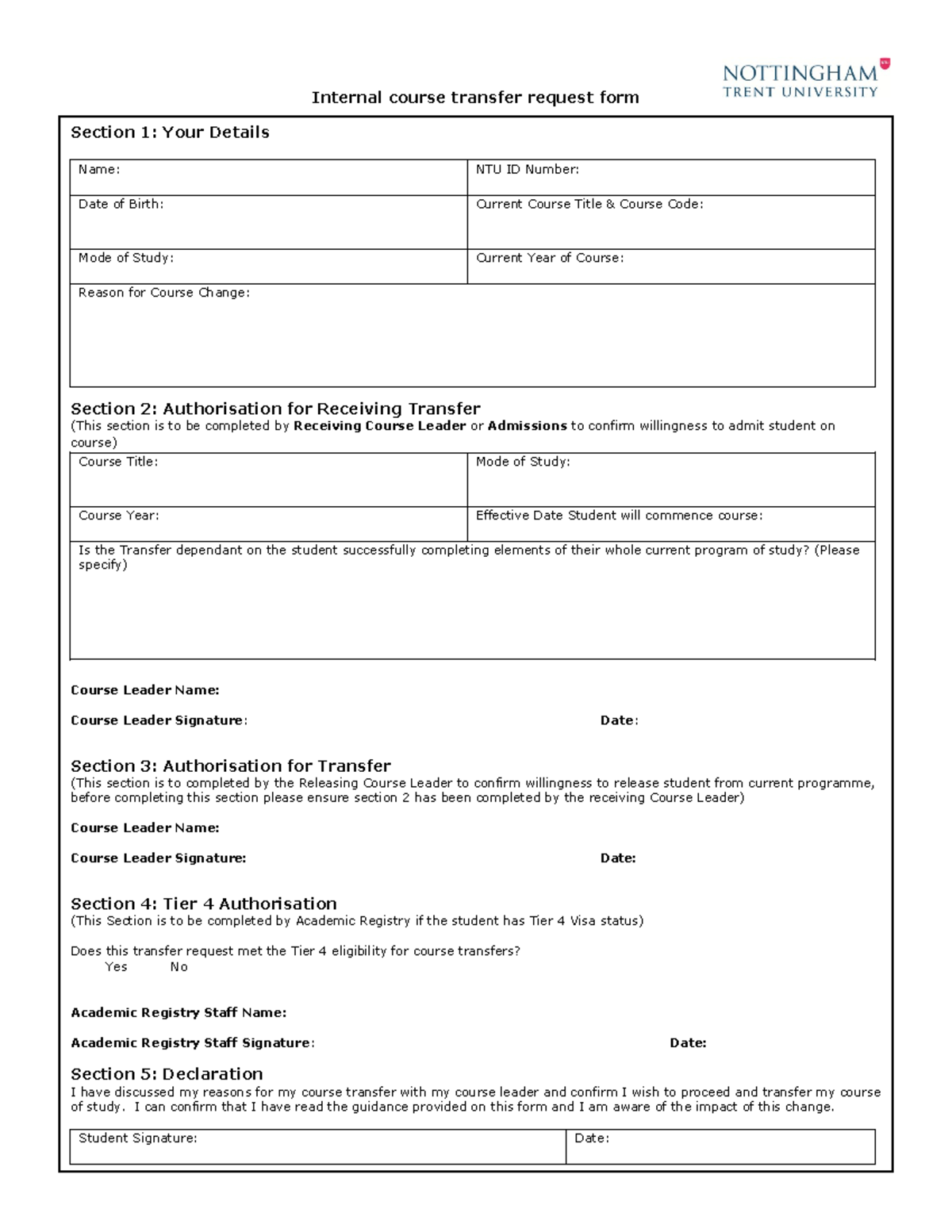 Internal Transfer form - Internal course transfer request form Section ...