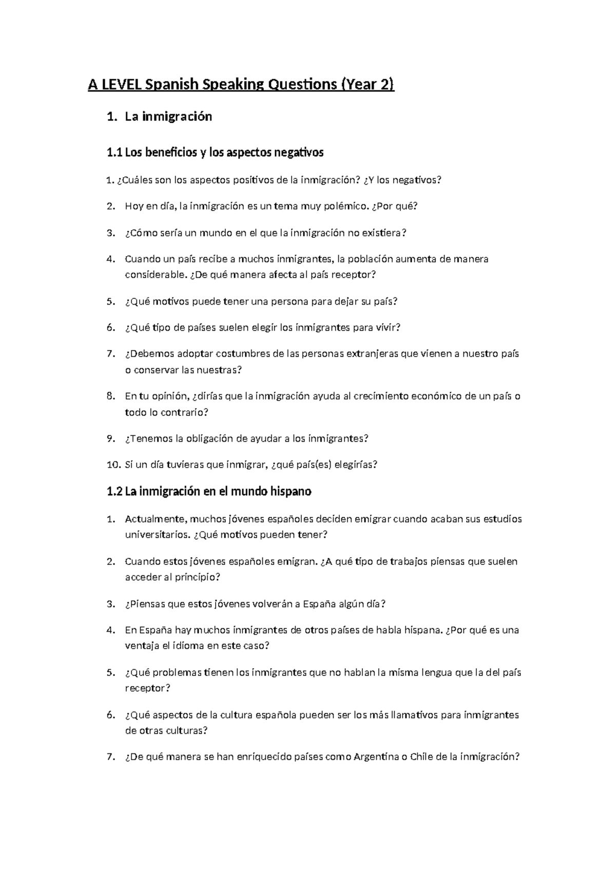 Preguntas speaking a2 word - A LEVEL Spanish Speaking Questions (Year 2 ...