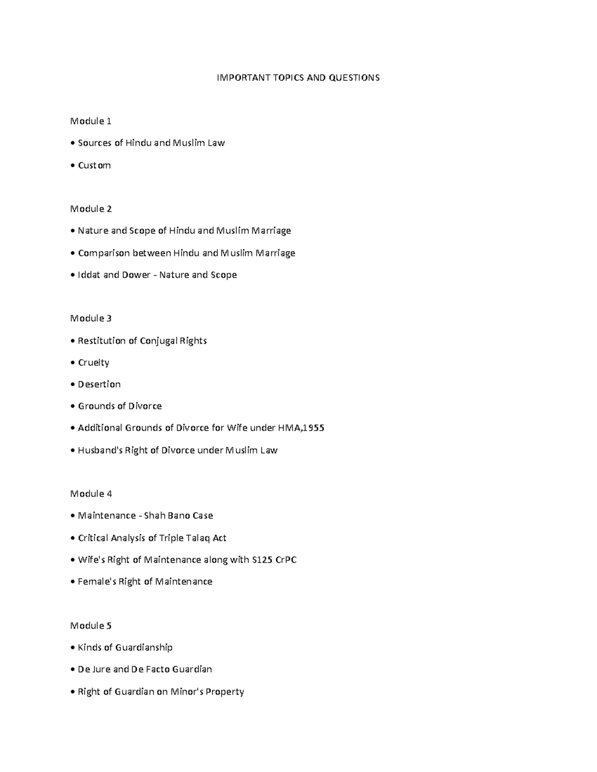 Important Topics and Questions Family Law - IMPORTANT TOPICS AND ...