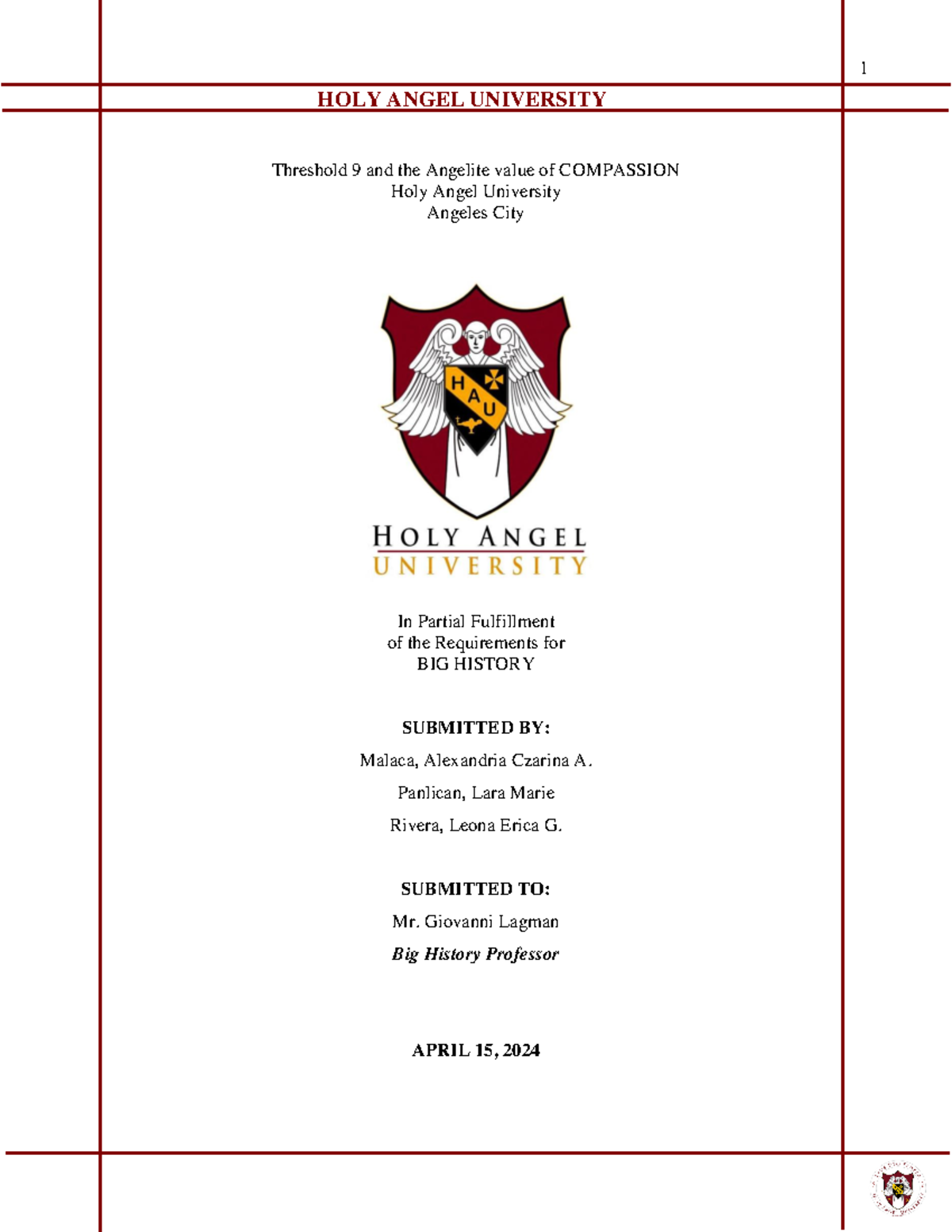 Activity-9 - HOLY ANGEL UNIVERSITY Threshold 9 and the Angelite value ...