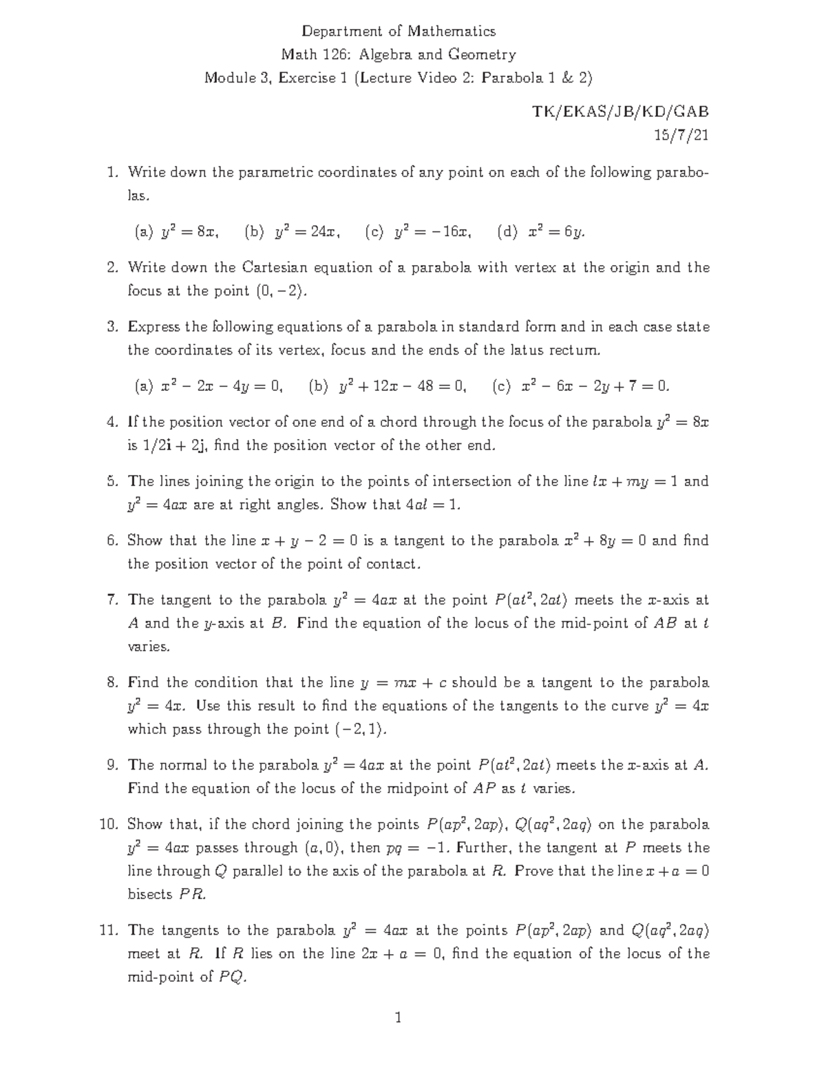 MATH 126 Module 3 Exercise 1 Parabola - College Algebra - UG - StuDocu