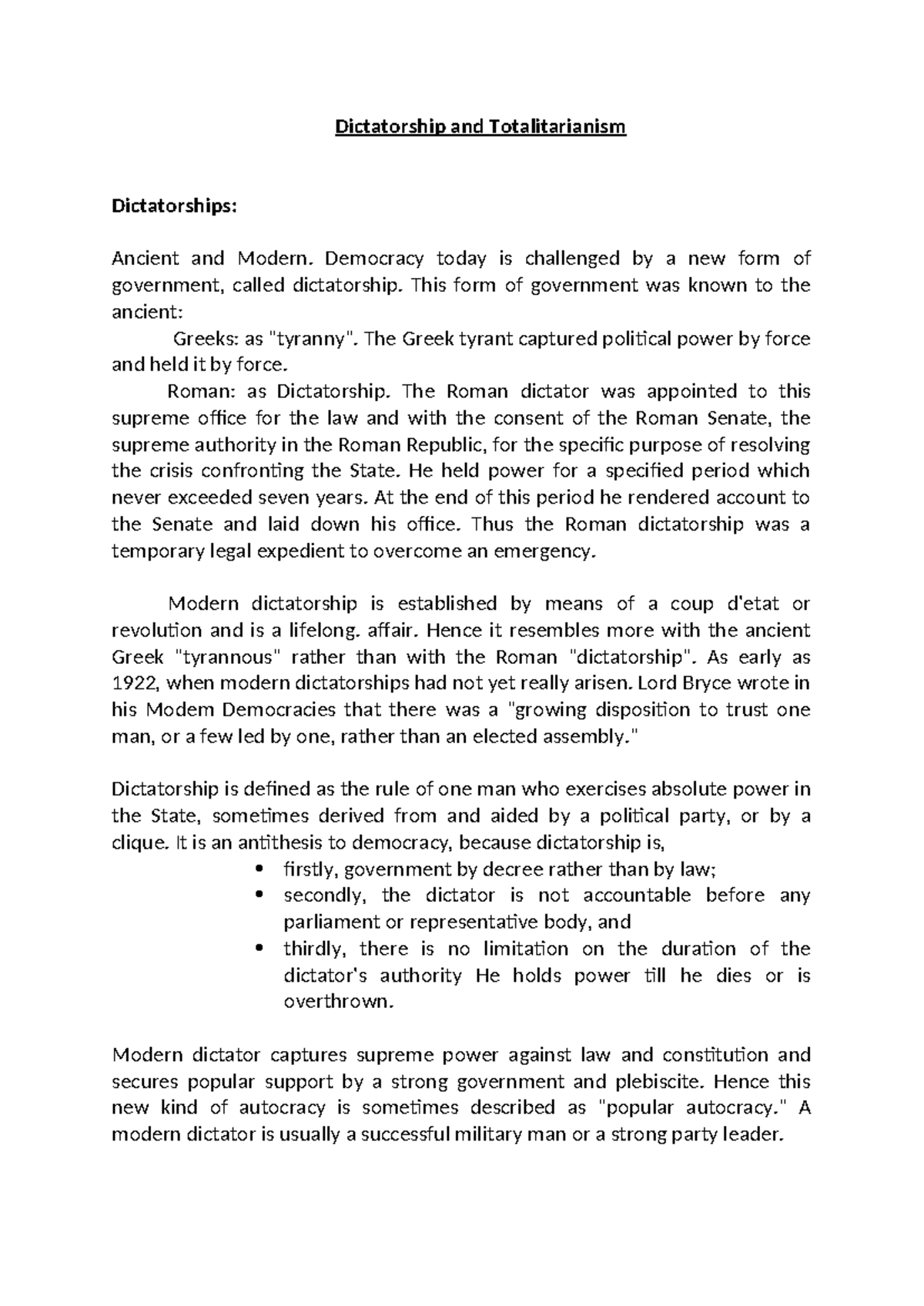 Dictatorship - Assignment - Dictatorship and Totalitarianism ...