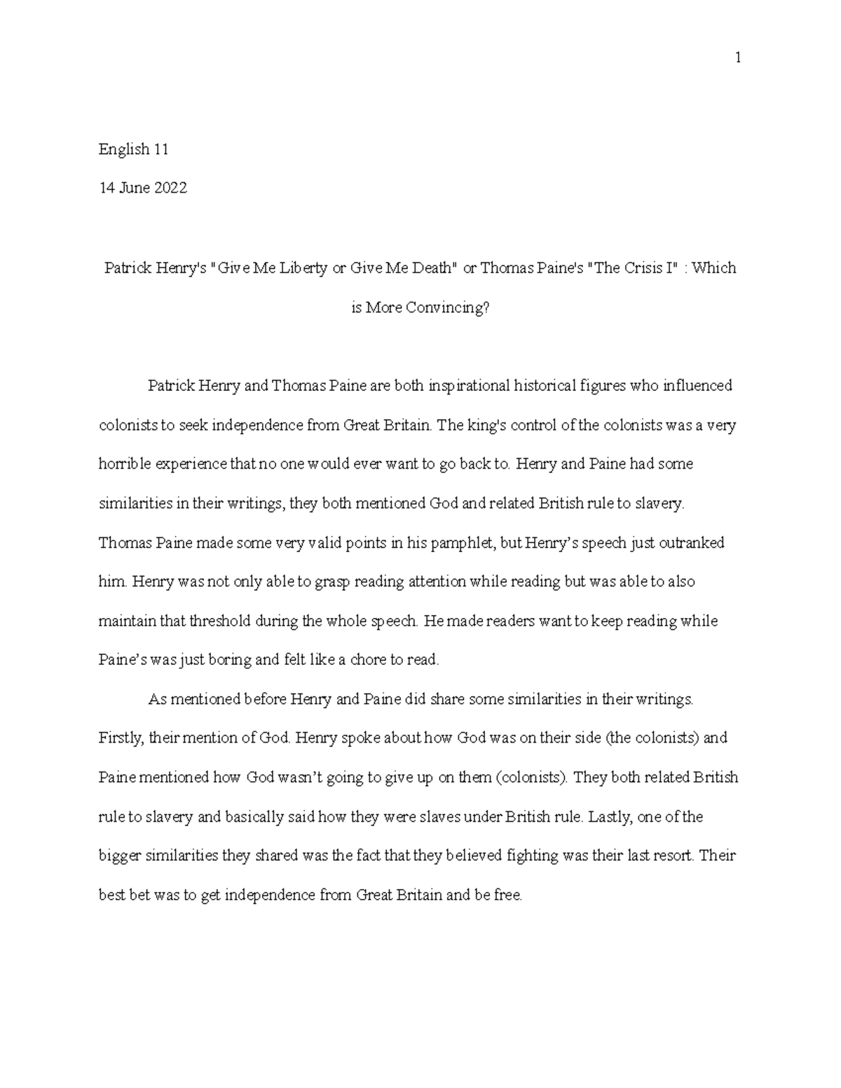 Patrick Henry's Give Me Liberty or Give Me Death or Thomas Paine's The ...