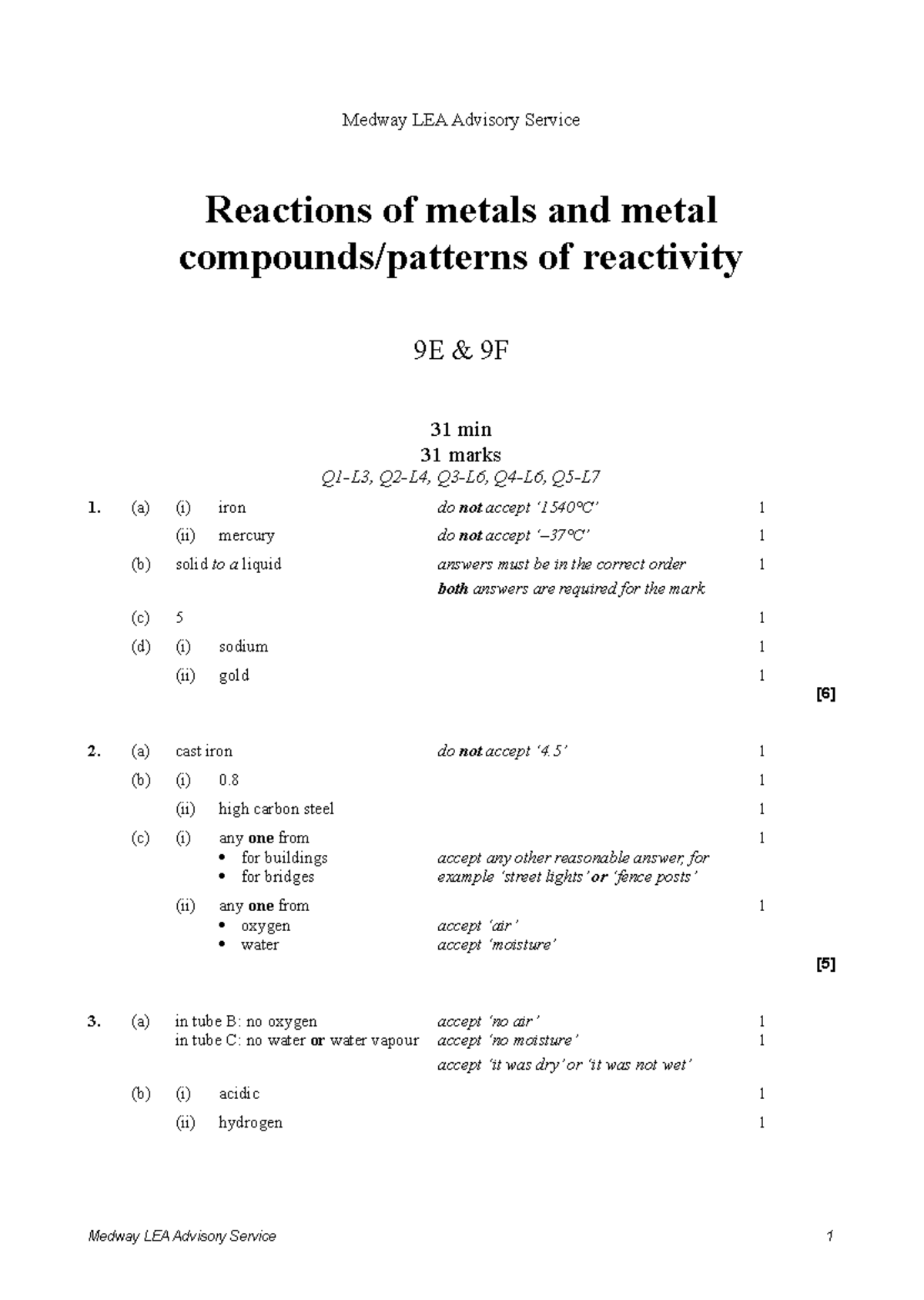 Year 9 - reactions of metals and metal compounds - patterns of ...