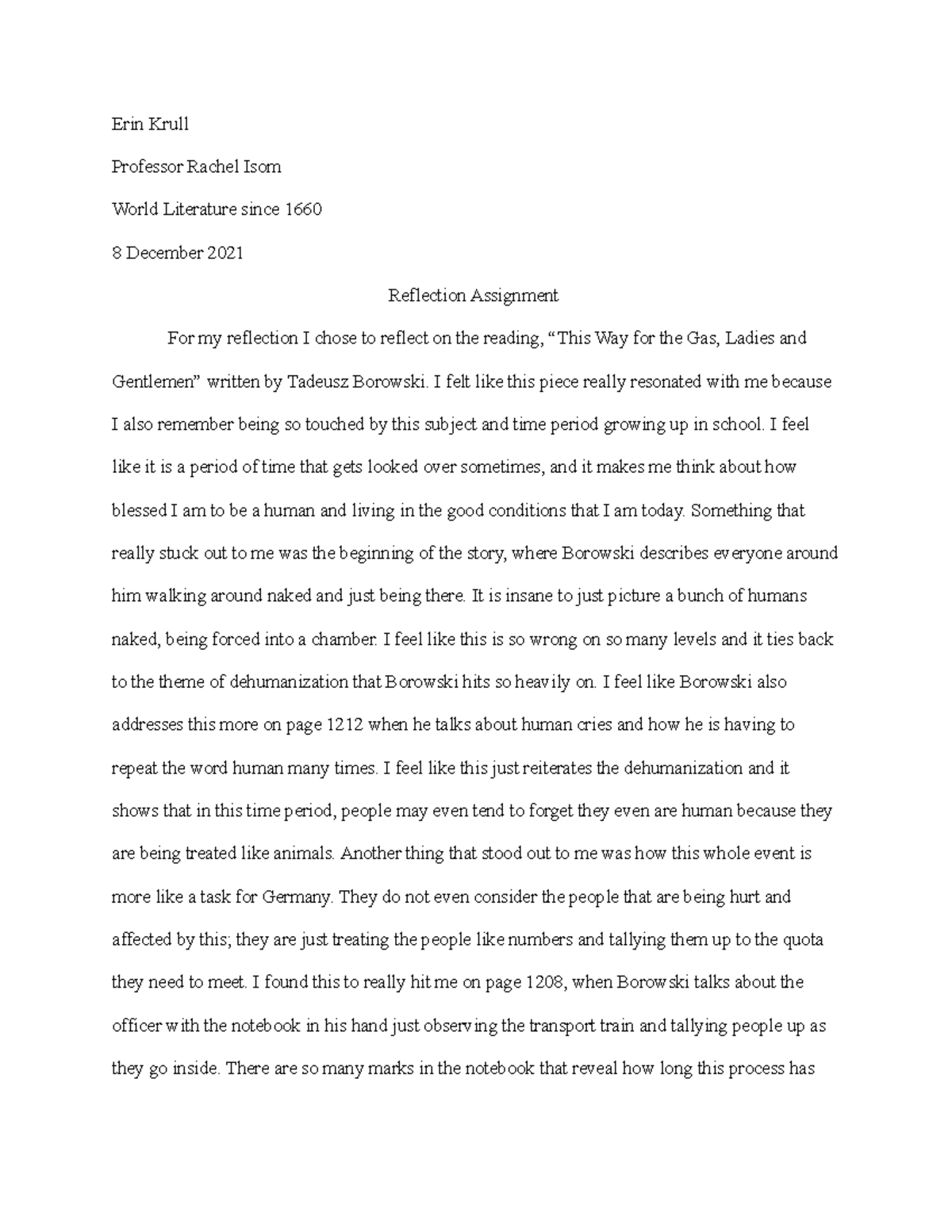 Reflection Assignment - Erin Krull Professor Rachel Isom World ...