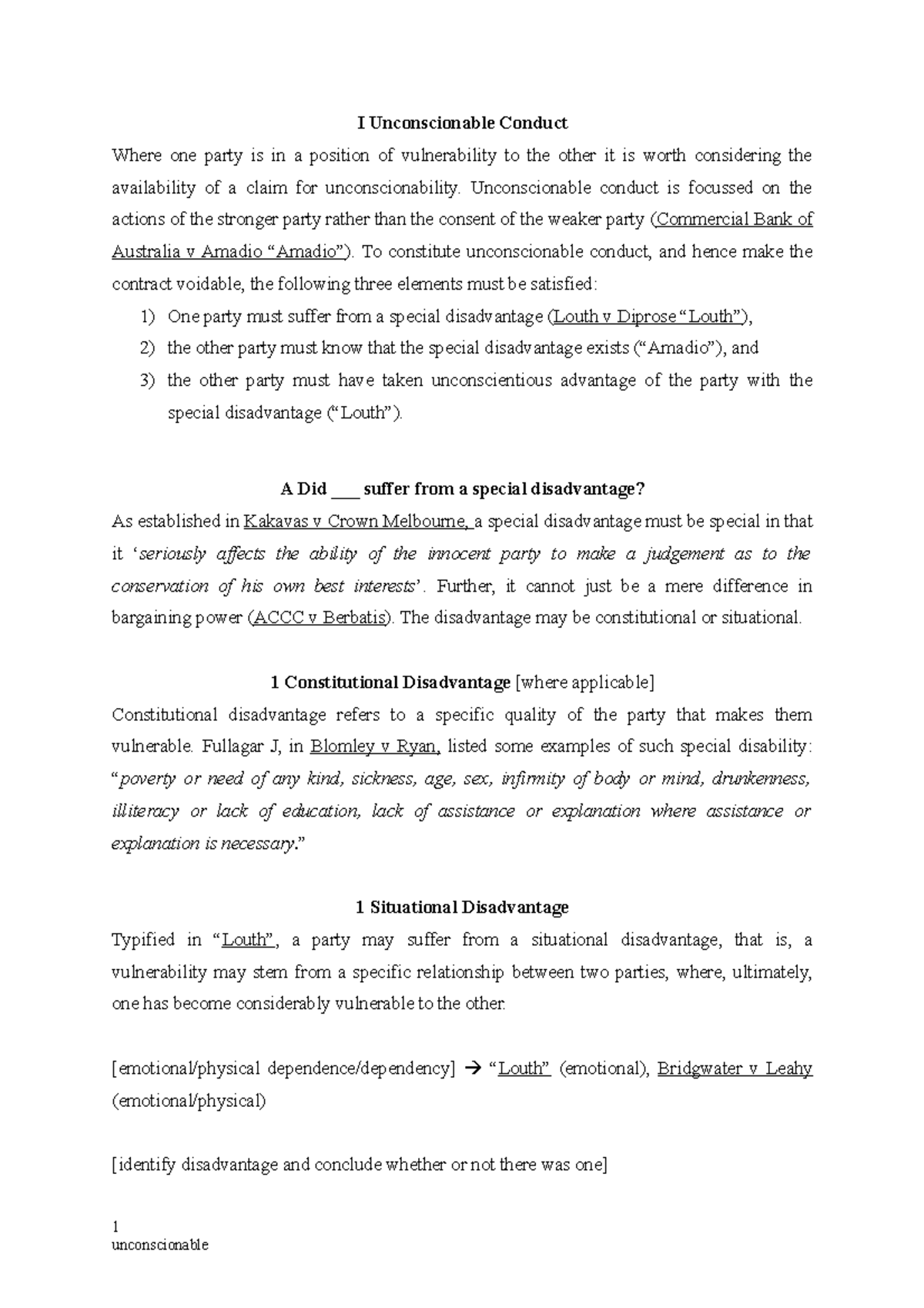 Unconscionable Conduct Checklist - I Unconscionable Conduct Where one ...