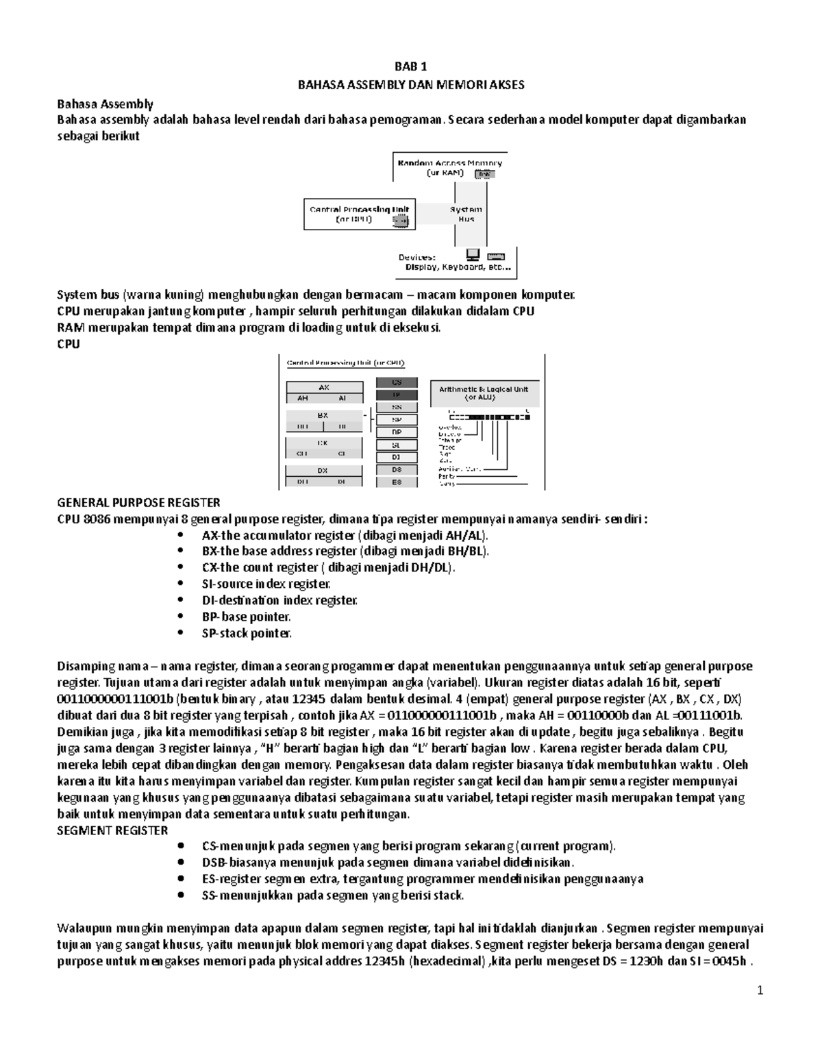 Assembly ringkasan for mid semester 3 - BAB 1 BAHASA ASSEMBLY DAN MEMORI AKSES Bahasa Assembly ...