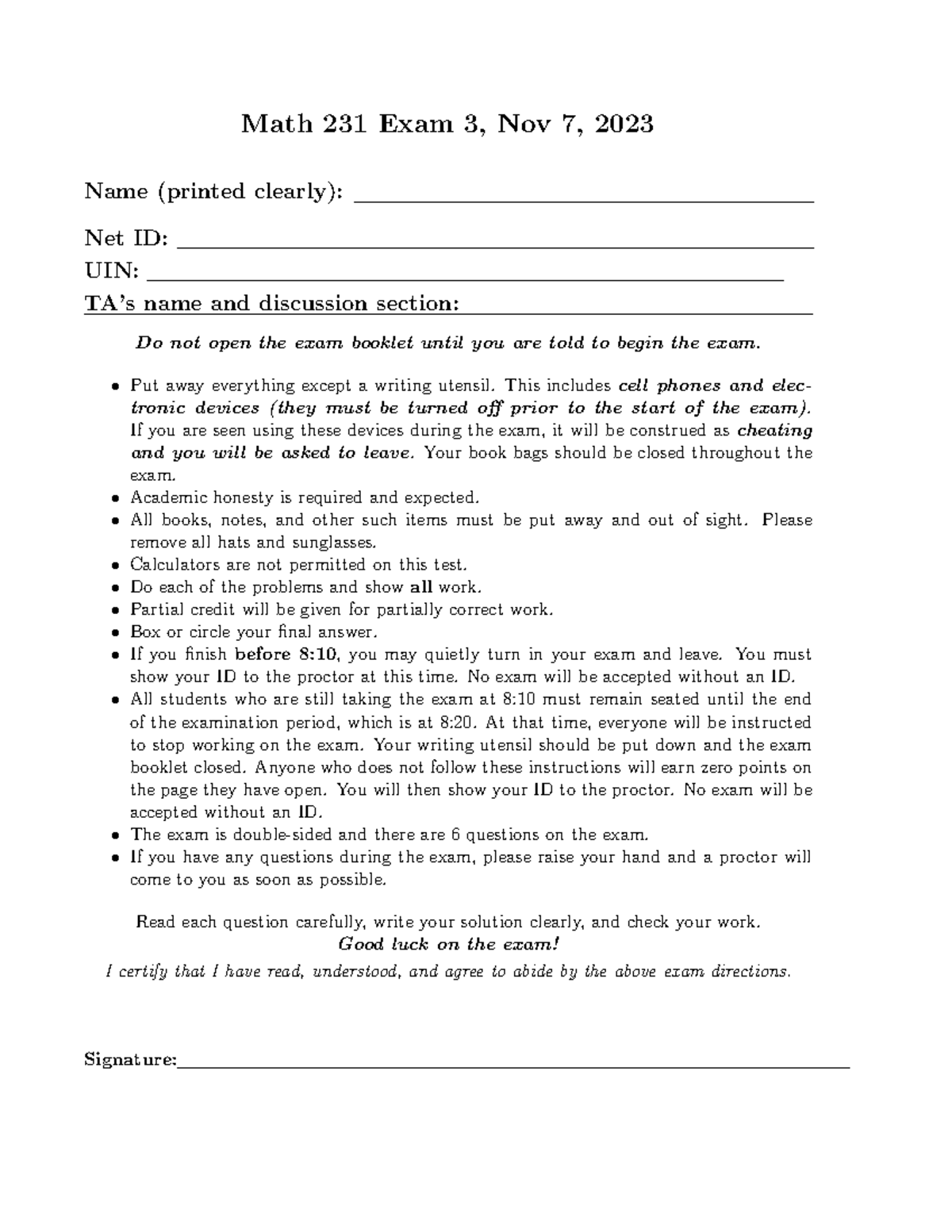 Blank Exam 3 - Fall 23 - Extra credit - Math 231 Exam 3, Nov 7, 2023 ...