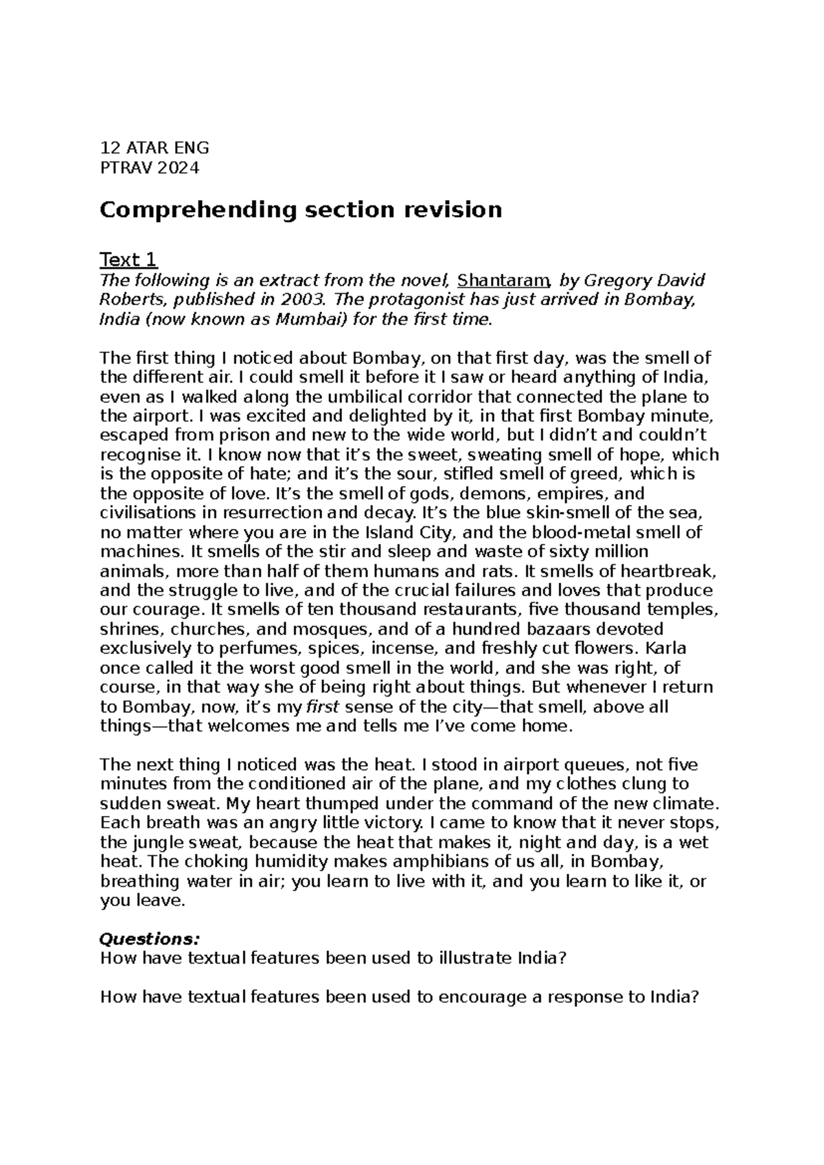 Comprehending section practice Sem 1 12 ATAR ENG - 12 ATAR ENG PTRAV ...