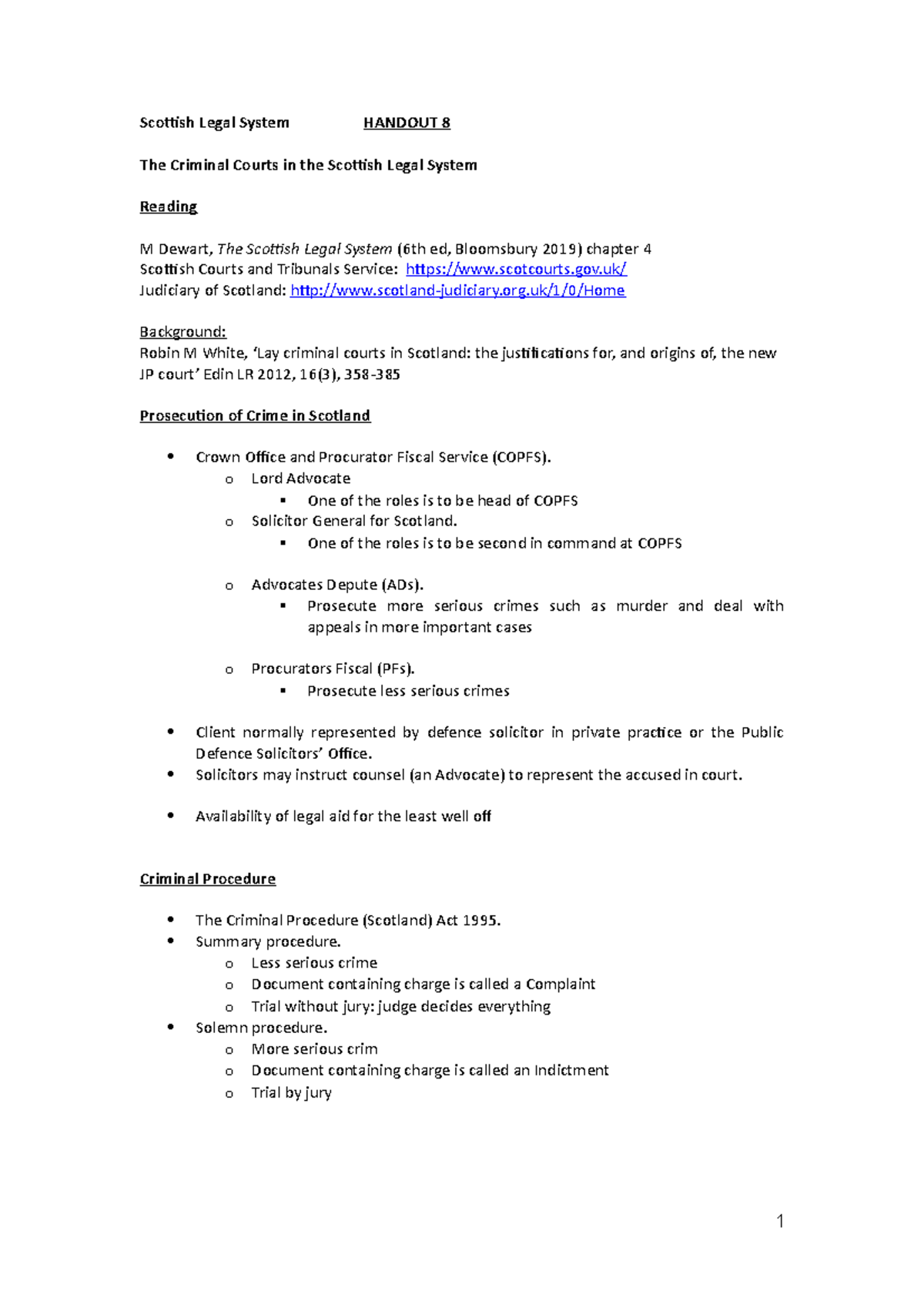 Lecture 8 - Criminal Court Structure - Scottish Legal System HANDOUT 8 ...