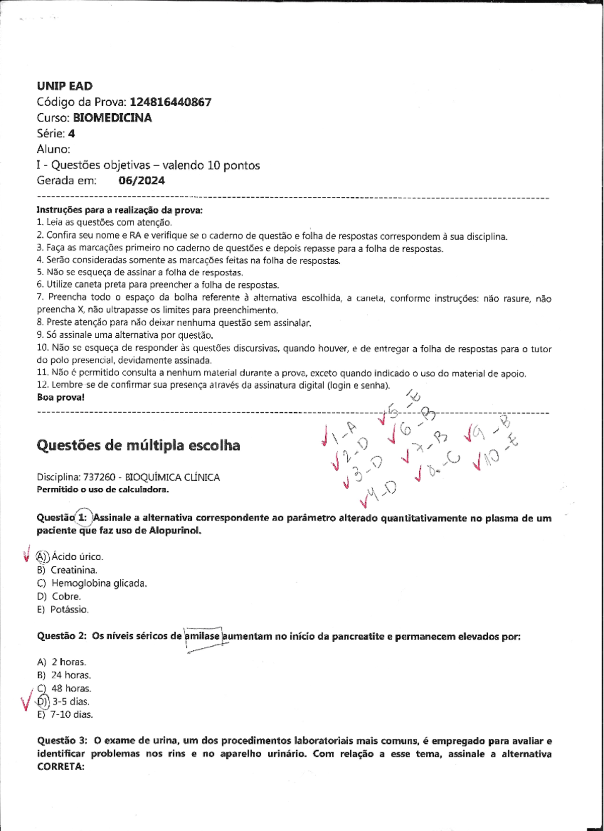 Prova BIOQUIMICA CLINICA C GAB 1 2024 - UNIP EAD Código da Prova: 124816440867 Curso ...