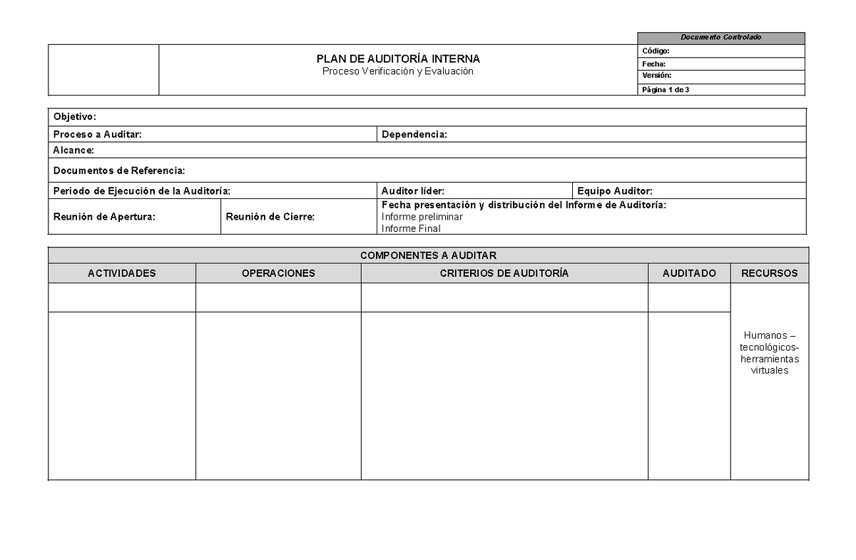Plan de Auditoría Interna - Documento Controlado PLAN DE AUDITORÍA ...